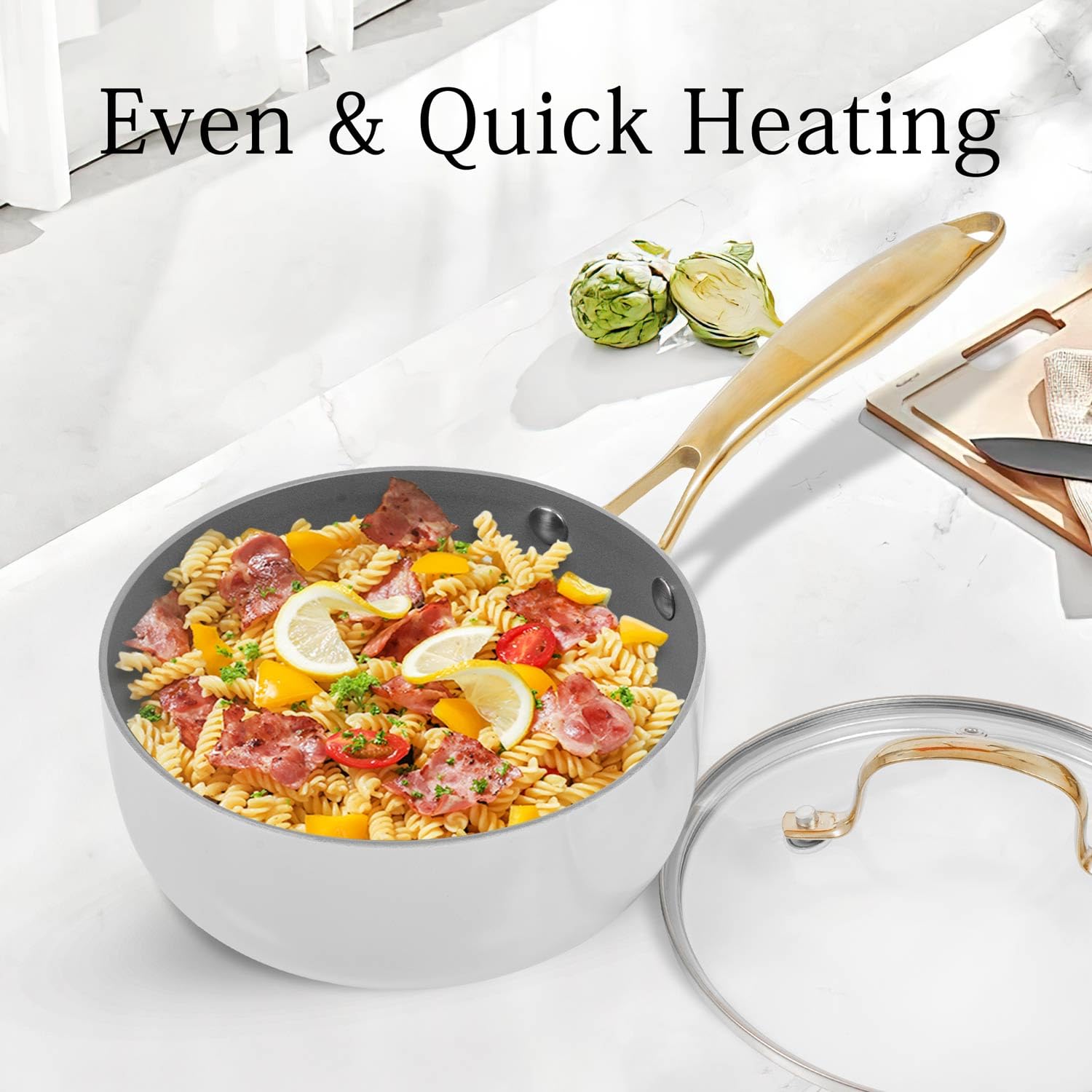 Nonstick Pots and Pans Set, Non Stick 9 Pieces Kitchen Cookware, Cooking Skillets Include Frying Pan with Lid, Saucepan, Casserole, Spoon, Turner Spatula, PFOA Free for Induction, White & Gold