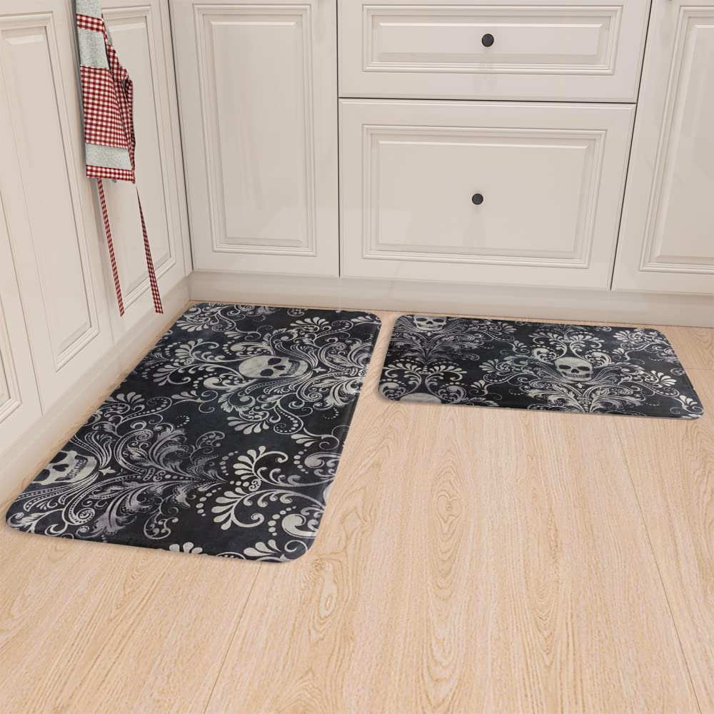 Sugar Skull Kitchen Mats 2 Pcs Anti Fatigue Halloween Skull Kitchen Floor Mats Washable Water Absorbent Gothic Skeleton Kitchen Rugs for Bathroom Laundry Sink Kitchen Standing Mat