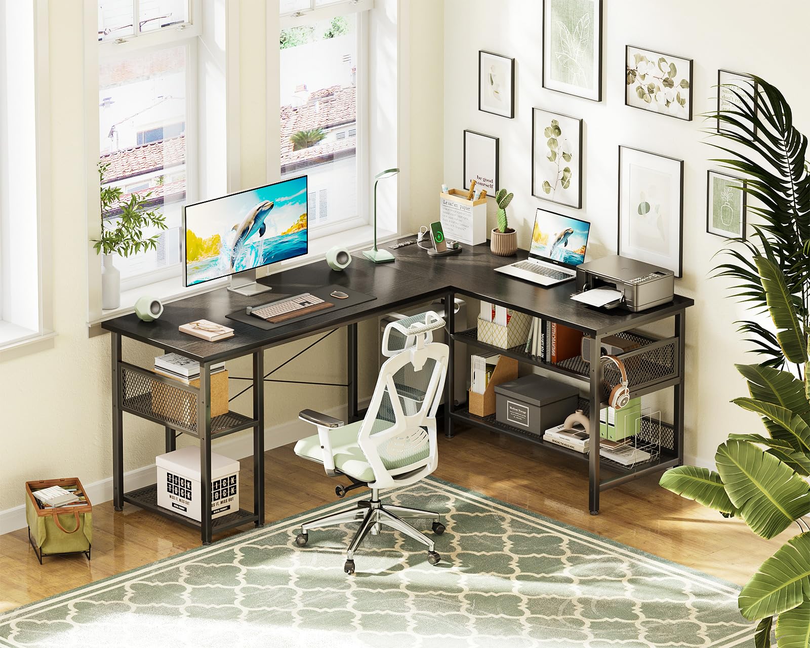 ODK 59" L Shaped Desk with Power Outlet and USB Charging Ports, Reversible L Shaped Computer Desk with Storage Shelves, Home Office Desk, Gaming Desk, Corner Desk, Black