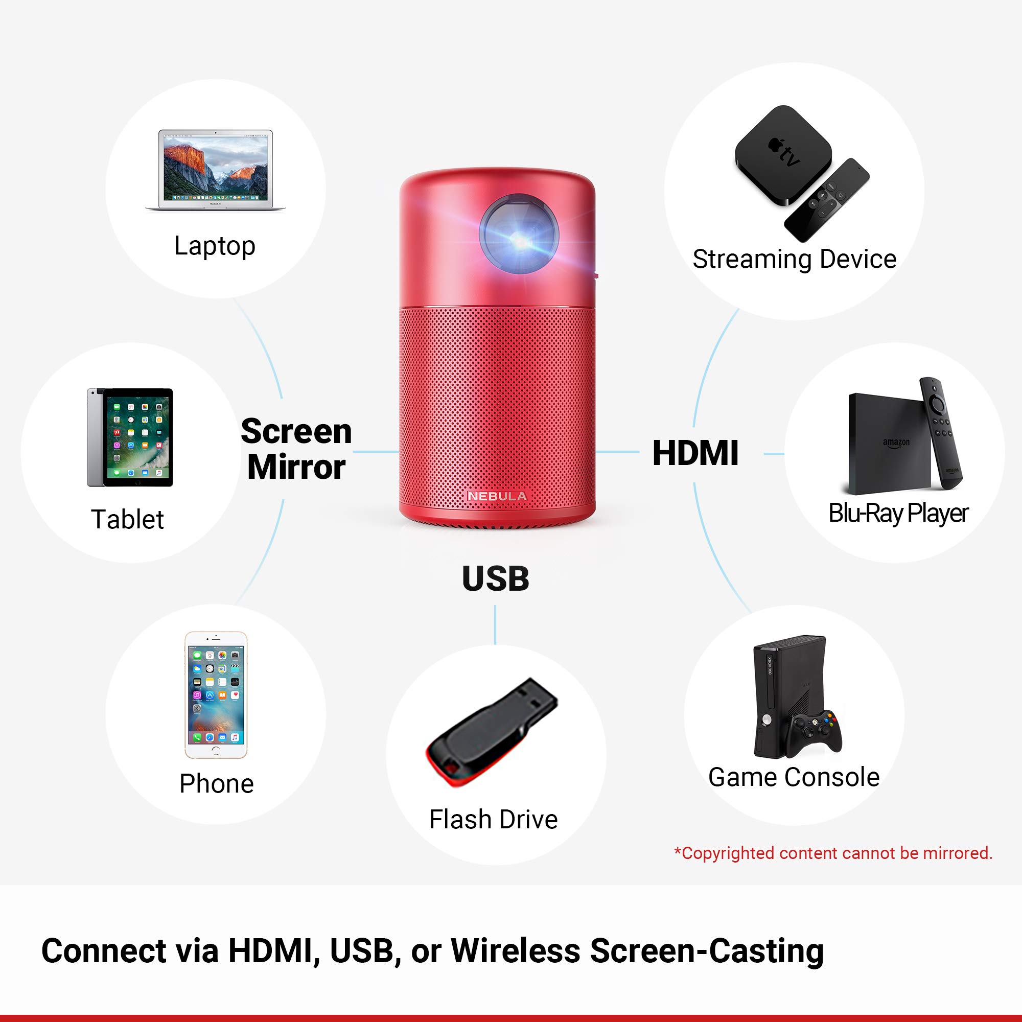 NEBULA Capsule, by Anker, Smart Wi-Fi Mini Projector, Red, 100 ANSI Lumen Portable Projector, 360° Speaker, Movie Projector, 100 Inch Picture, 4-Hour Video Playtime, Outdoor Projector—Watch Anywhere