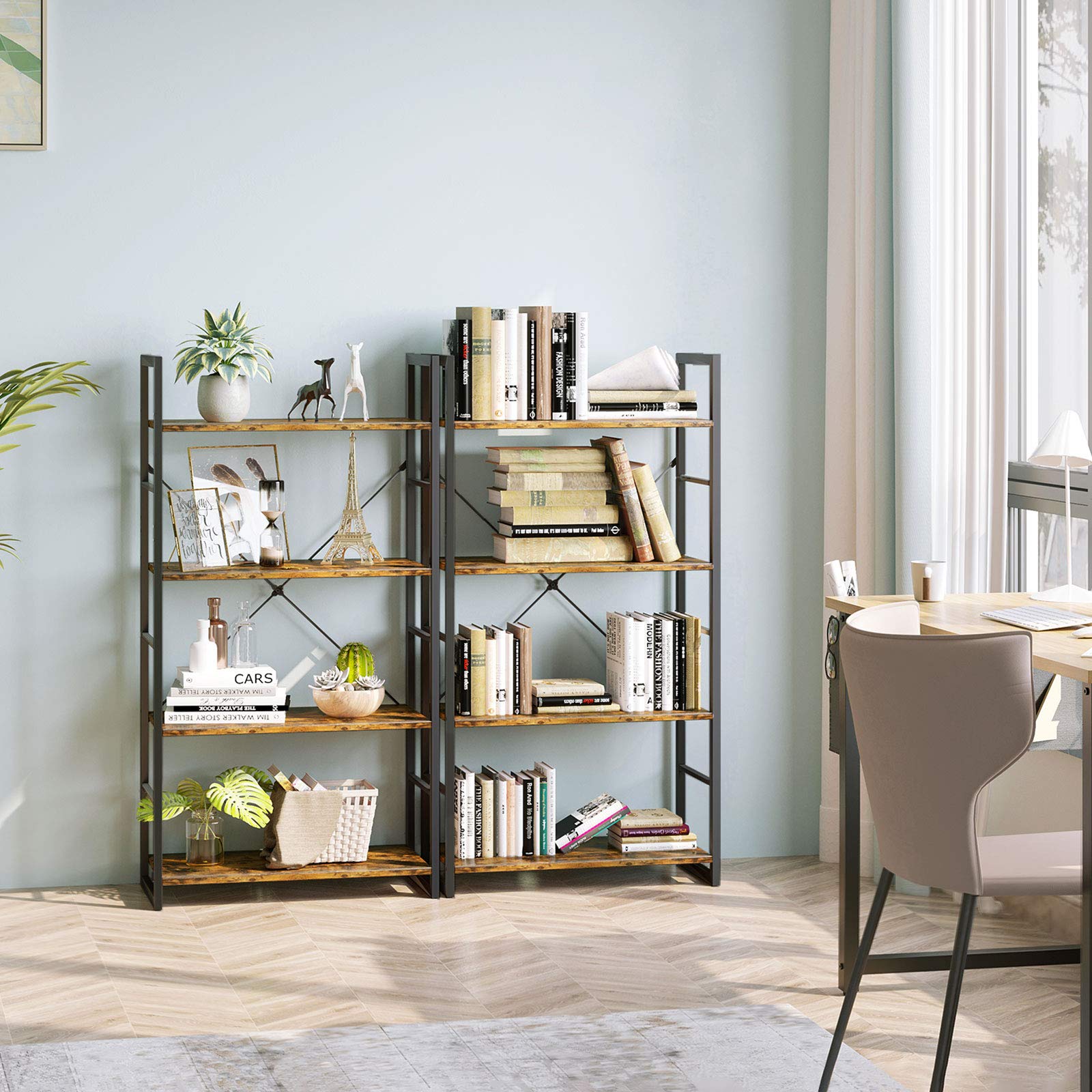 ODK Bookshelf, 4 Tier Shelf Storage Organizer, Modern Book Shelf with Metal Frame for Bedroom, Living Room and Home Office, Rustic Brown