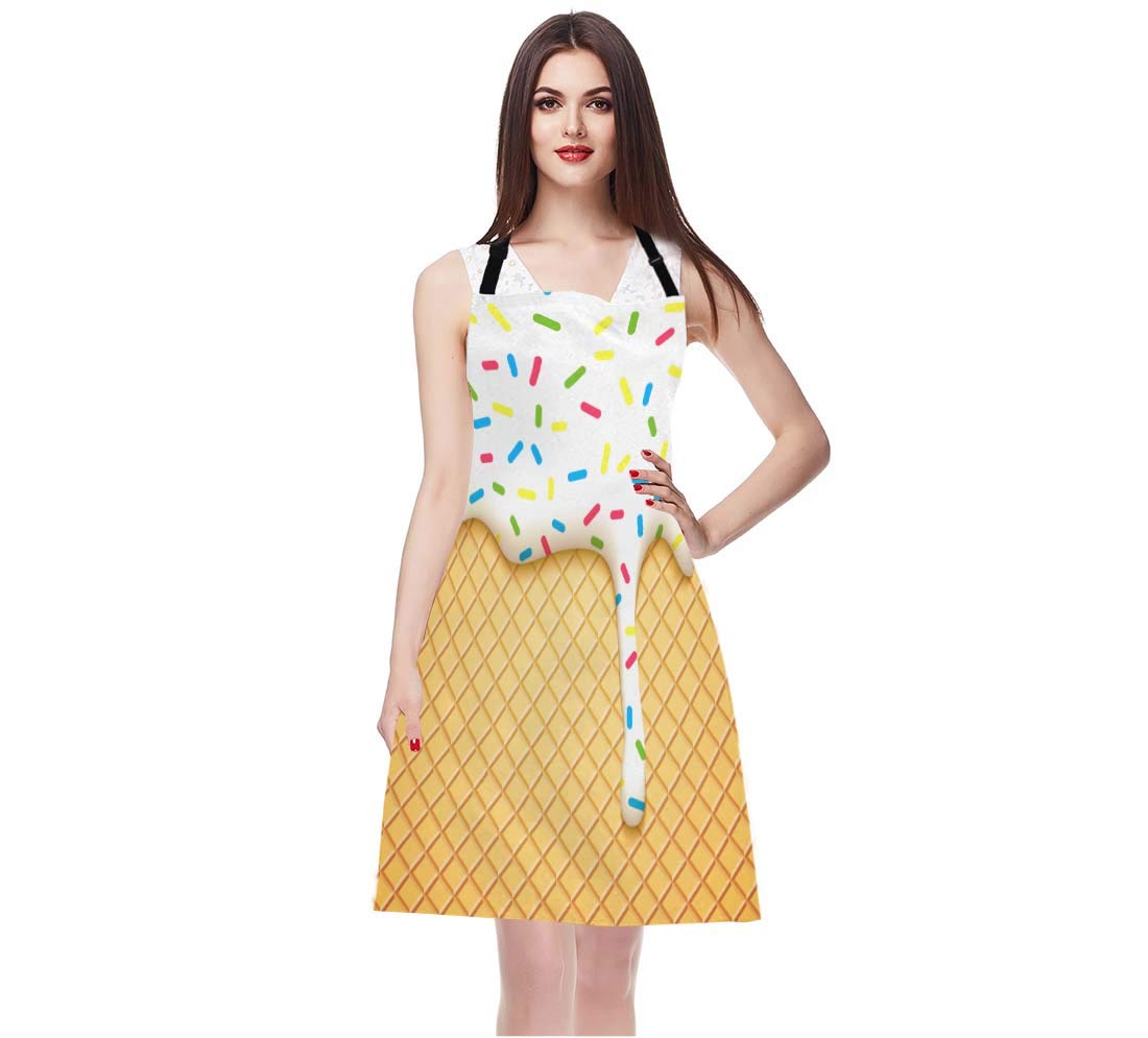 WONDERTIFY Ice Cream Apron,Cartoon Ice Cream Cone with Dripping White Glaze and Wafer Texture Bib Apron with Adjustable Neck for Men Women,Suitable for Home Kitchen Cooking Waitress Chef Grill Apron