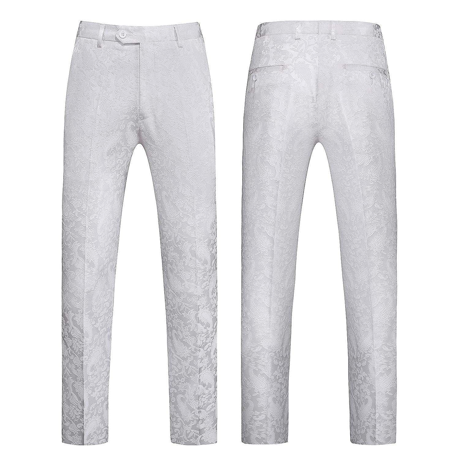 MOGU Mens 3 Piece Tuxedo Slim Fit Jacquard Floral Vintage Groomsmen Wedding Prom Suit Blazre 34 / Pants 31 White
