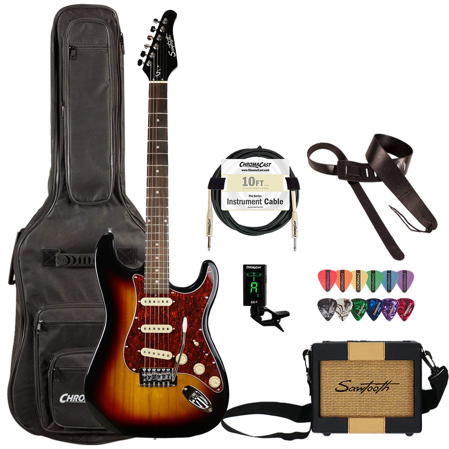 Sawtooth 6 String Electric Guitar Pack, Sunburst with Tortoise Pickguard, Right Handed (ST-ES-SBT-TRAVEL)