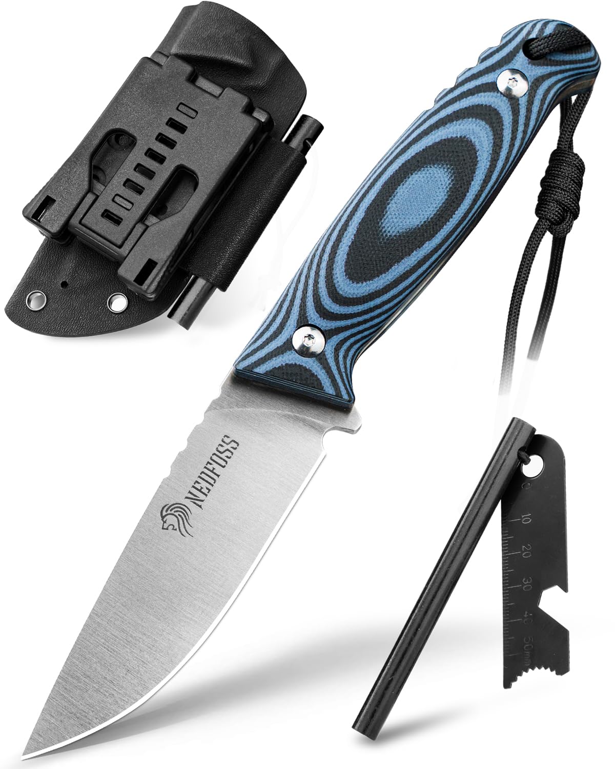 NedFoss Hyenas Bushcraft Knife with Fire Starter, 3.5" 440C Steel Camping Knife with Kydex Sheath, Blue G10 Handle for Outdoor, TAC, Gift