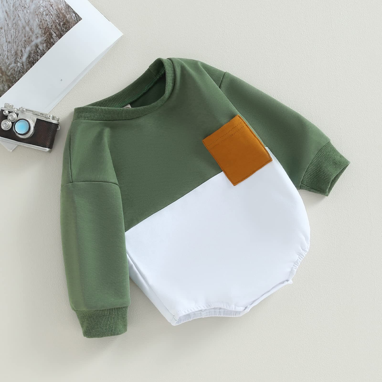 mlpeerw Newborn Boy Romper Outfit Long Sleeve Color Block Oversized Sweatshirt Fall Winter Infant Baby Bubble Onesie Clothes(Green, 6-12 Months)