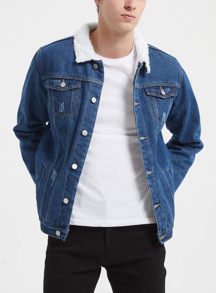 Plaid&Plain Men's Fleece Lined Borg Collar The Sherpa Trucker Jacket Jean Denim Jacket 1347# DarkBlue XL-35