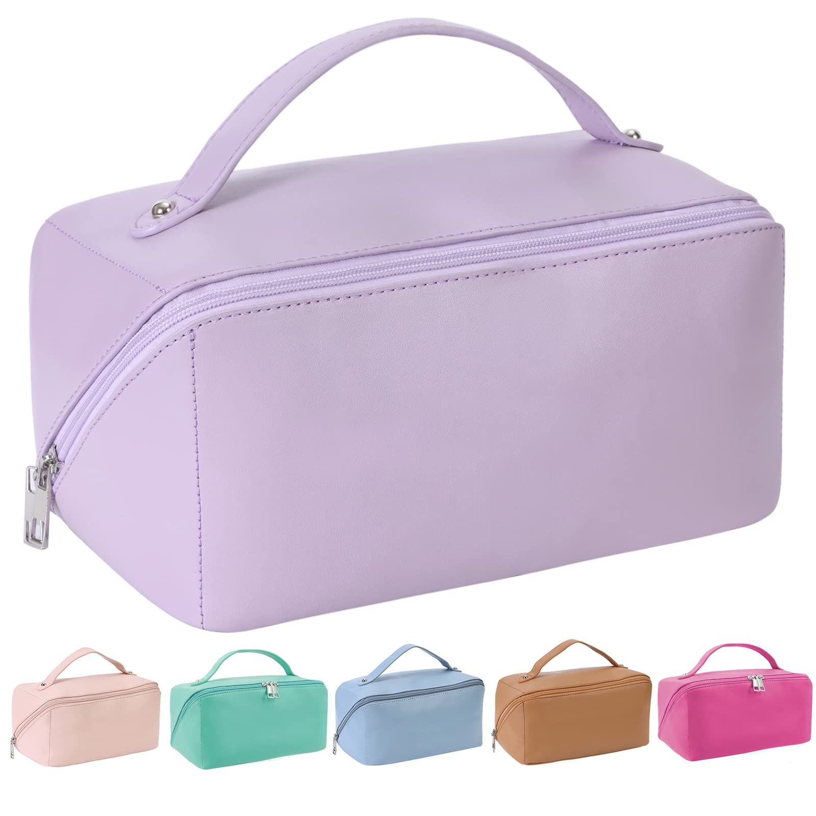 WUSHENG Makeup Bag Large Capacity Waterproof Open Flat Travel Make up Organizer Bag Portable PU Leather Everything Cosmetics Bag for Woman (Light Purple)