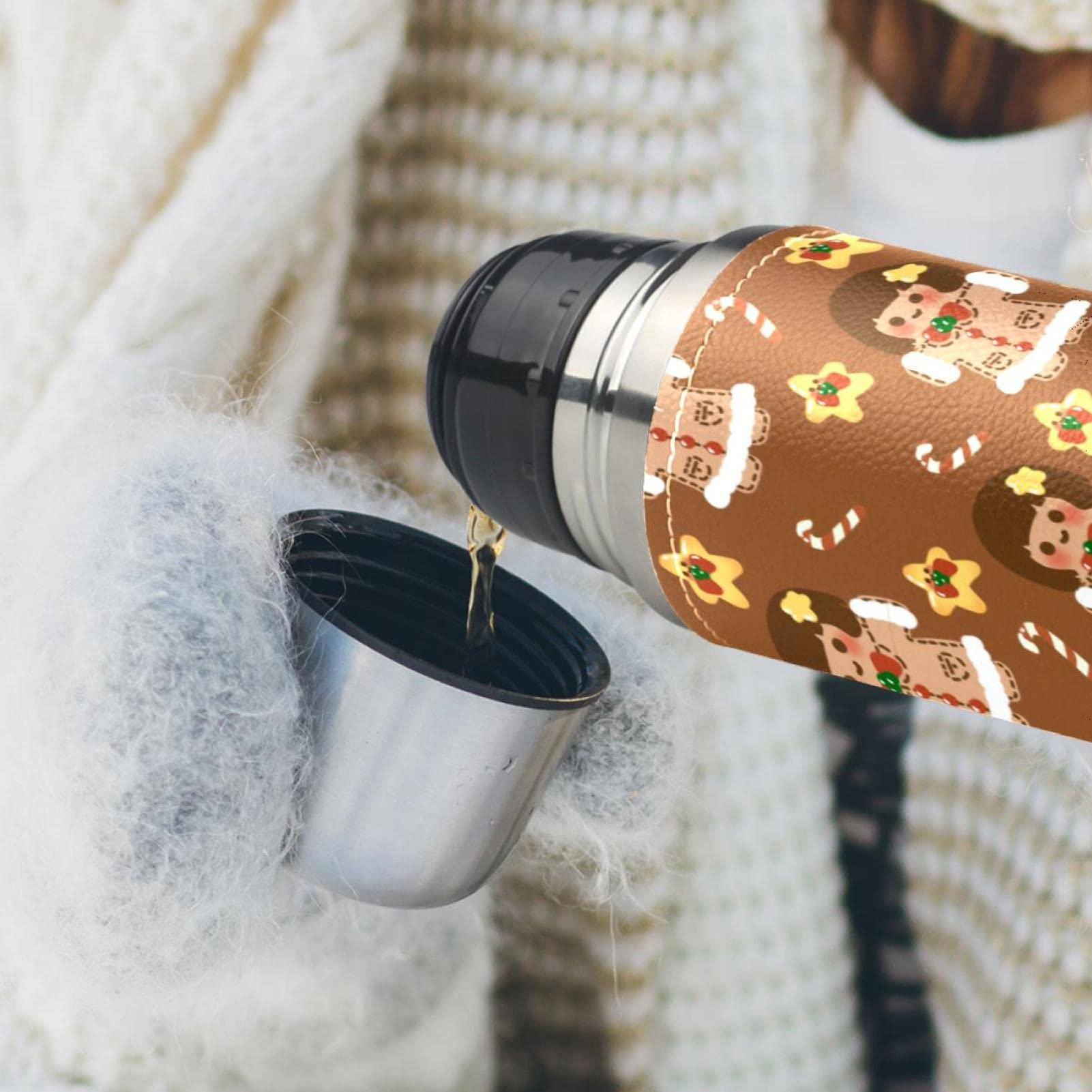 Stainless Steel Leather Vacuum Insulated Mug Christmas Cookies Thermos Water Bottle for Hot and Cold Drinks Kids Adults 16 Oz