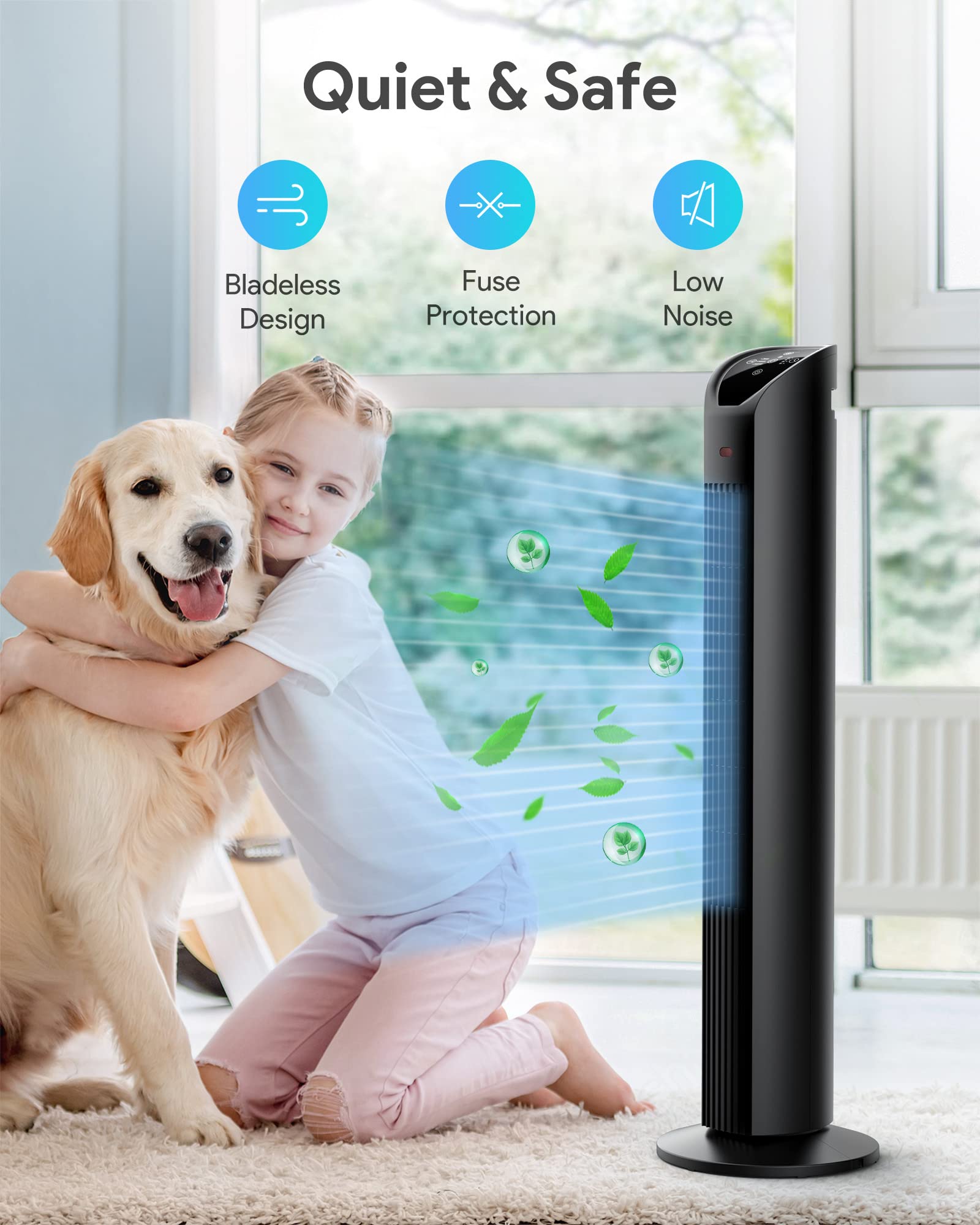 Tower Fan with Remote, Oscillating Fan Features 3 Modes 3 Speed, 75° Oscillation Standing Fans, Auto-off Backlight and 12H Timer, Portable Floor Bladeless Fan for Bedroom, Home and Office, Black