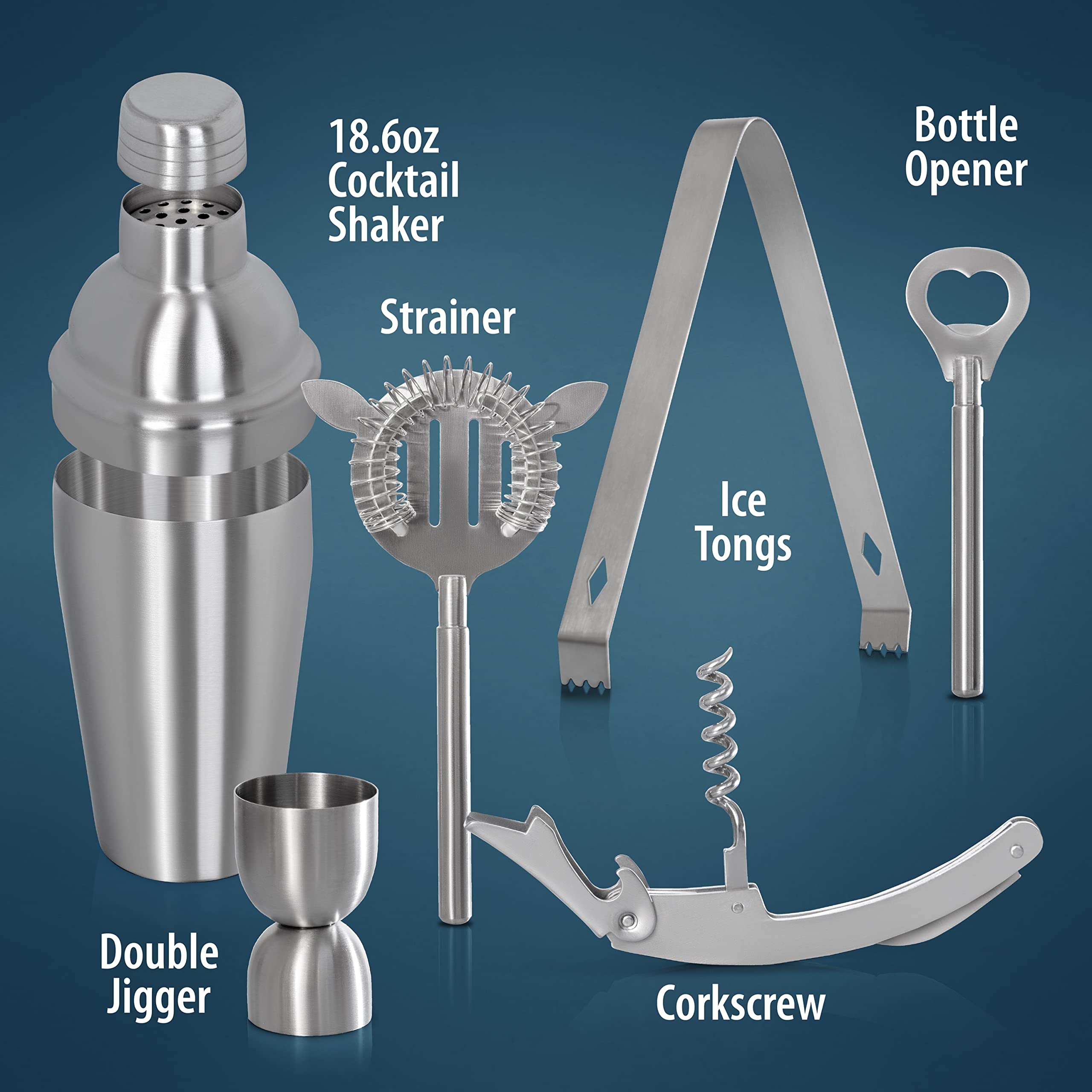 Wyndham House Stainless Steel Bar Set with Cocktail Shaker and All the Tools for Entertaining your Guests, 7-Piece