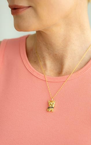 SCAMPER & CO Yorkshire Pendant Necklace for Women - Genuine Gemstone and Cubic Zirconia Puppy Charm with Elegant Backplate, Premium Plated Sterling Silver Chain Easy Closure,18 inch