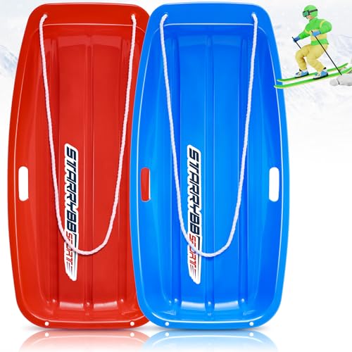 Snow Sled - 2 Pack Classic Sleds for Kids and Adults Flexible Toboggan with Handles Pull Rope Utility Plastic Sled for Winter Ski Sledding Sand Slider Downhill Outdoor - Blue, Red, 36"