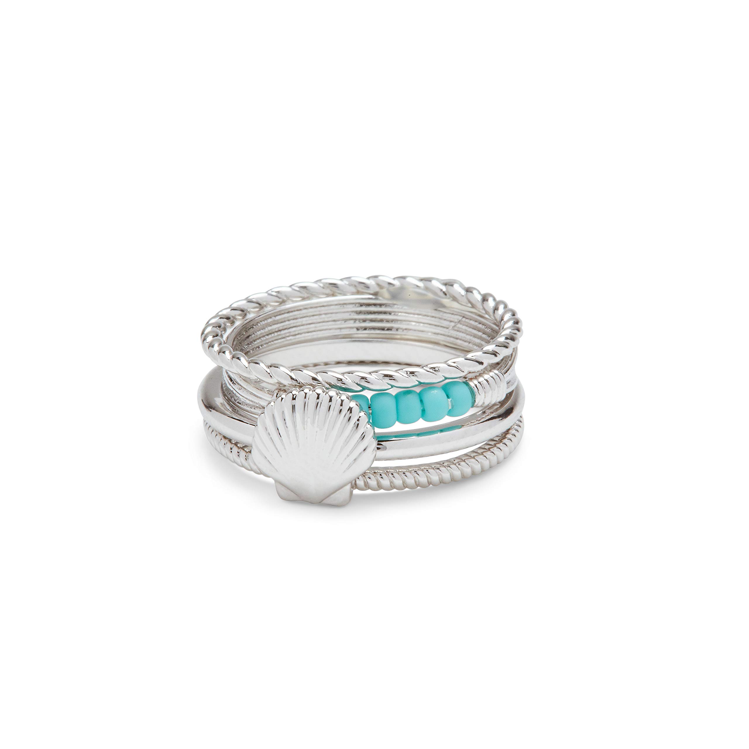 Pura Vida Silver Shell Ring Stack - Brass Base Band, Rhodium Plating - Size 9