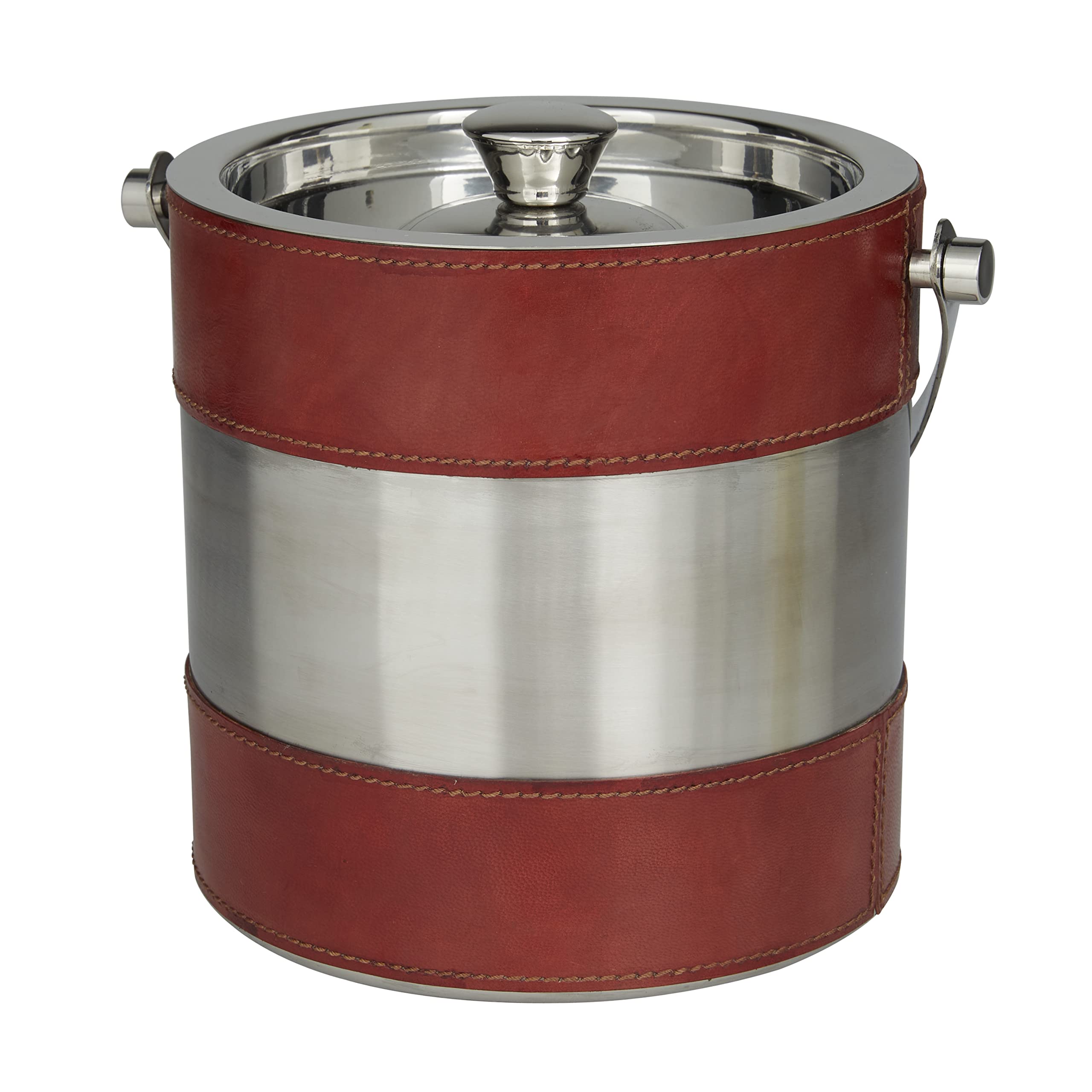 The Novogratz Leather Handmade Ice Bucket with Lid, 8" x 7" x 12", Red