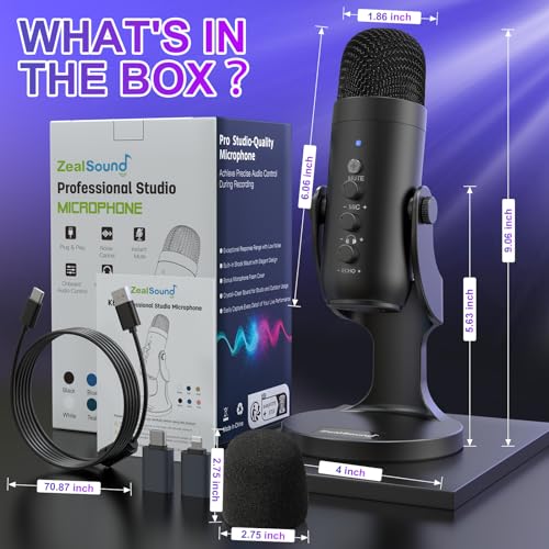 ZealSound USB Microphone,Condenser Computer PC Mic,Plug&Play Gaming Microphones for PS 4&5.Headphone Output&Volume Control,Mic Gain Control,Mute Button Vocal,YouTube Podcast on Mac&Windows(Black)