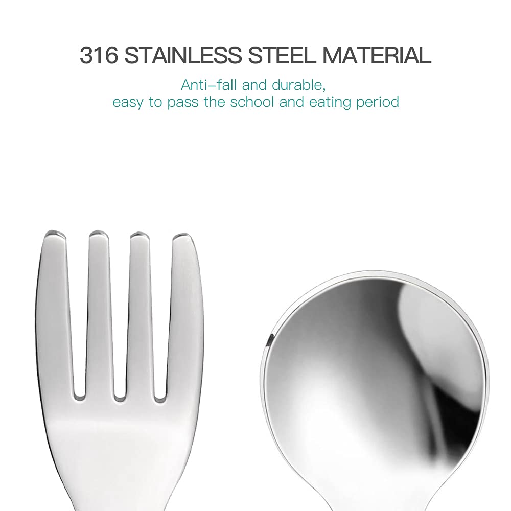 SFCCMM Toddler Utensils Stainless Steel Forks and Spoons Safe Children's Cutlery Set Handle Cartoon Cute for Baby (Green Dinosaur - Short)