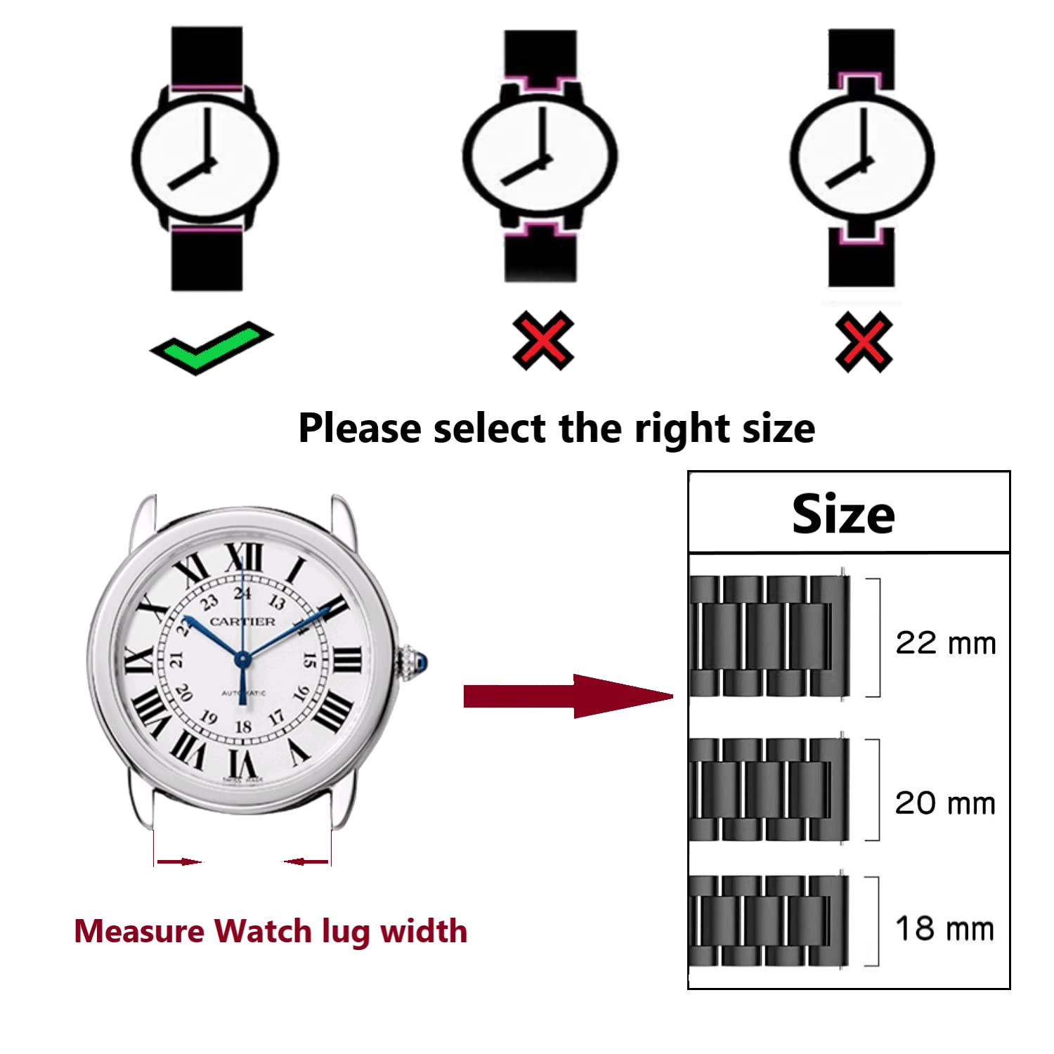Moran Stainless Steel Watch Band Quick Release Replacement Metal Strap 20mm 22mm for Men Women (Black+Folding Clasp, 20mm)