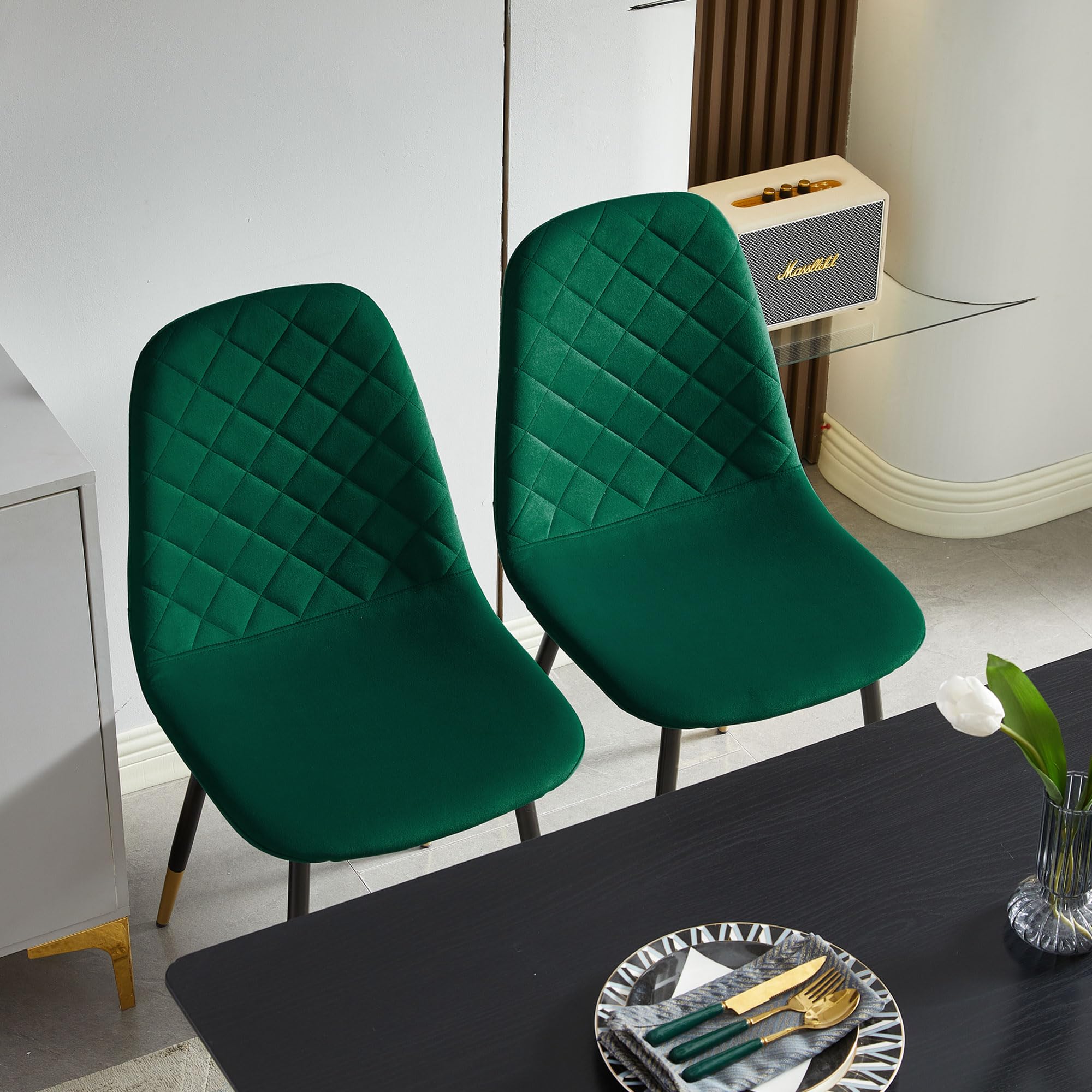 NORDICANA Velvet Dining Chairs Kitchen Plain Color Chair Upholstered Side Stools with Backrest Metal Legs Set of 4, Kelly Green