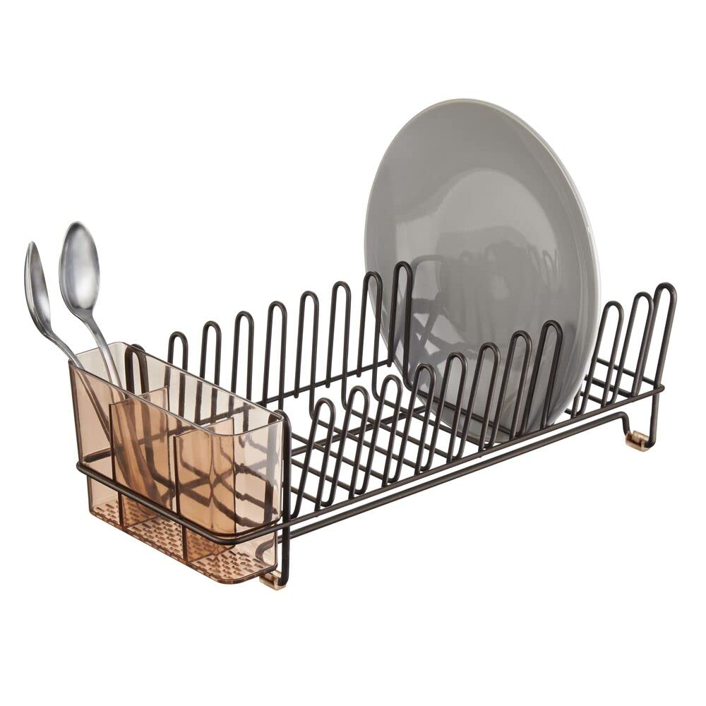 mDesign Steel Compact Modern Dish Drying Rack with Removable Cutlery Tray, Caddy - Dish Drainer, Dish Rack for Kitchen Counter, Sink - Holds Dishes, Utensil, Board - Concerto Collection - Bronze/Amber