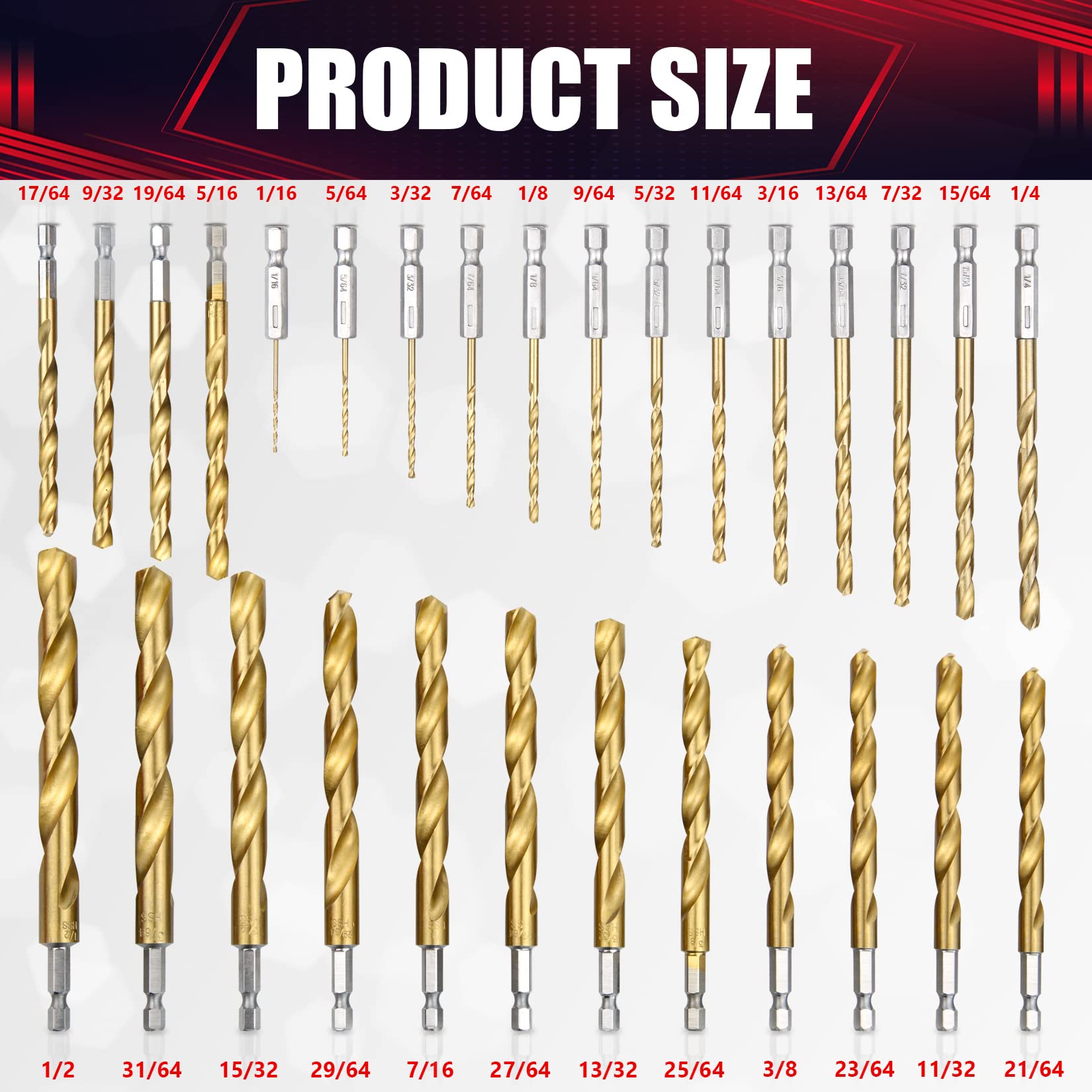 wesleydrill 30 Pcs Impact Twist Drill Bit Set,1/16"-1/2" Hex Shank Hss Titanium Drill Bits,Fit for Metal/Wood/Plastic Sink