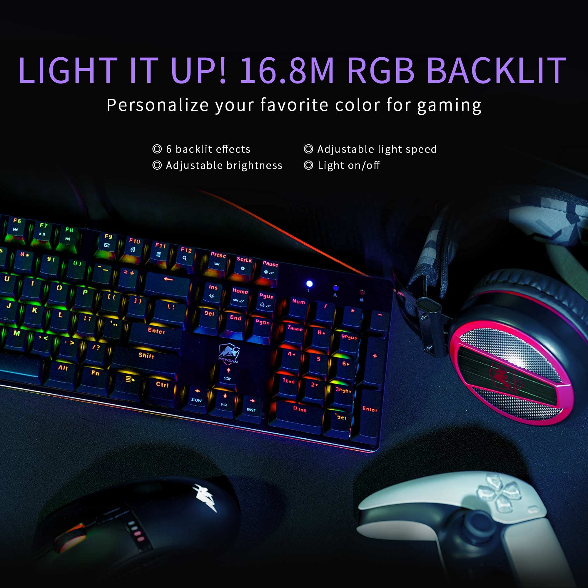 POWZAN Mechanical Optical Gaming Keyboard Wired - RGB LED Rainbow Backlit Light Up Key with Tactile and Clicky Blue Switch for Computer, Windows PC Gamers - 104 Keys Full Size, Aluminum Black
