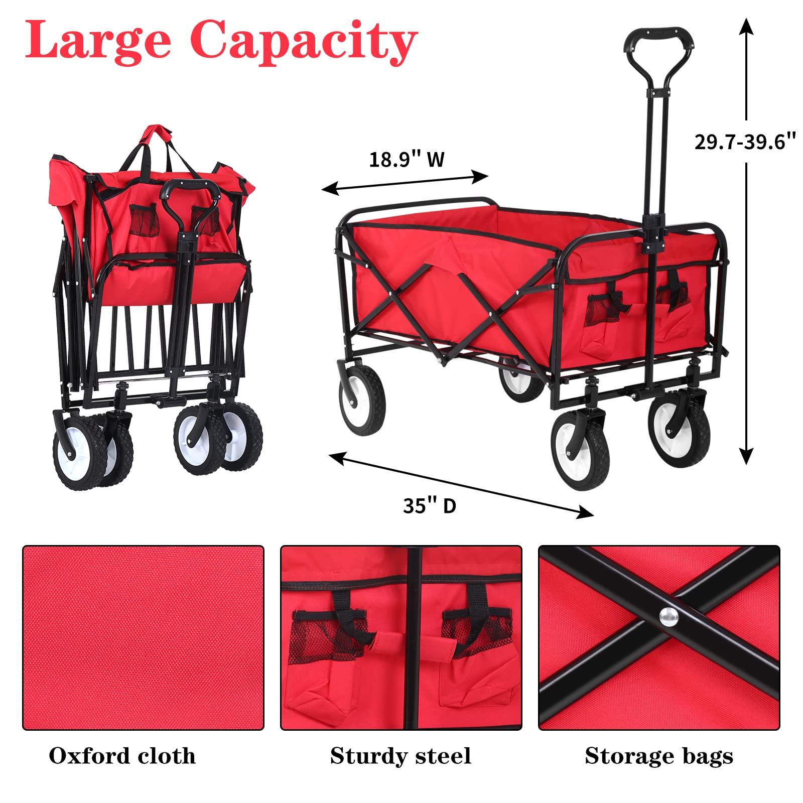 Pazidom Collapsible Wagon Large Capacity Folding Wagon Portable Beach Utility Wagon Cart Outdoor Foldable Garden Cart with All-Terrain Wheels & Adjustable Handle, Red