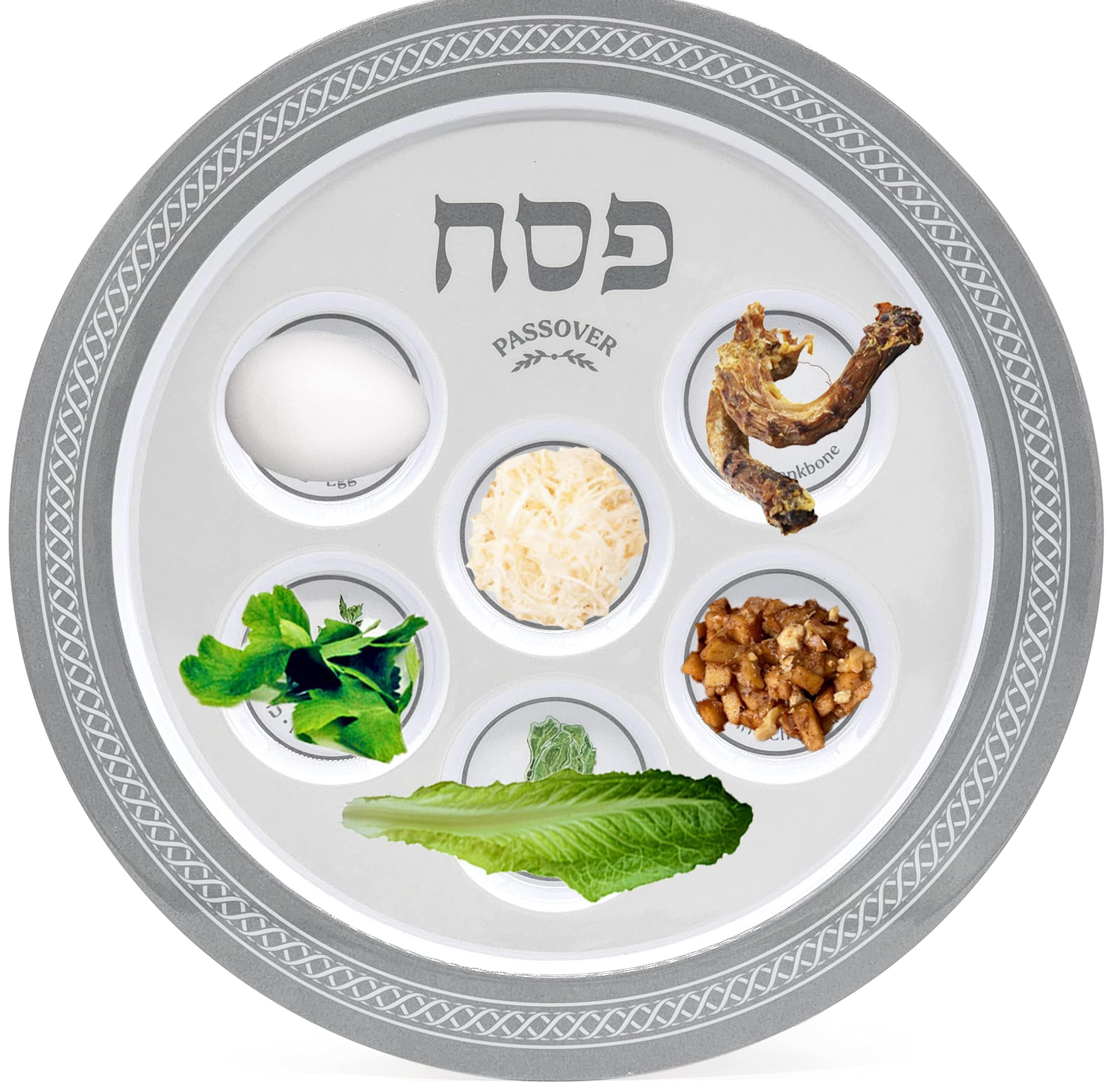 The Dreidel Company Passover Classic Silver Seder Plate, Melamine Silver Design Passover Seder Plates, Traditional Kaarah For Pesach 12" (Single)