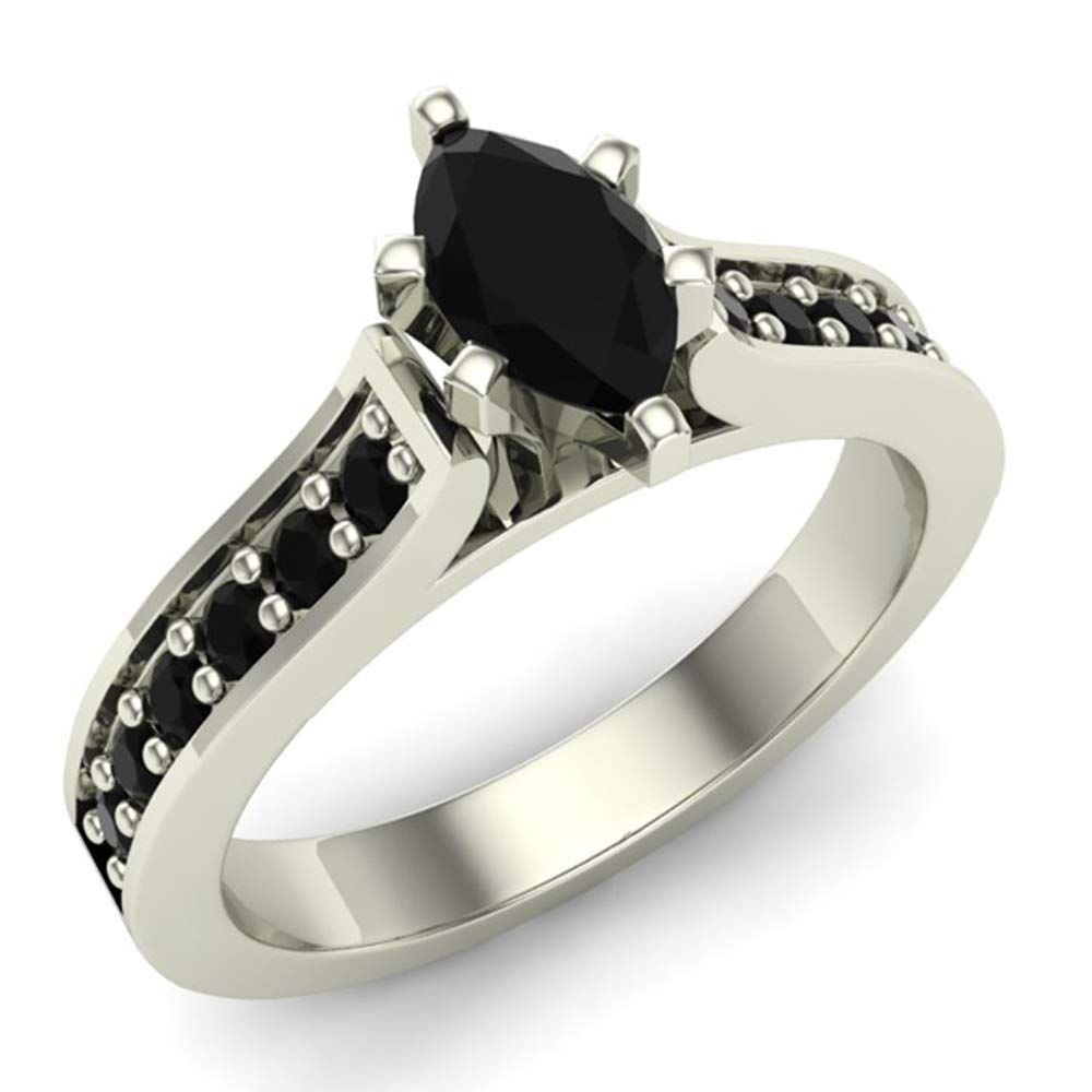 Marquise Cut Black Diamond Engagement Ring for Women 3/4 Carat Total Weight (0.75 ct) 14K White Gold on Sterling (Ring Size 5.5)