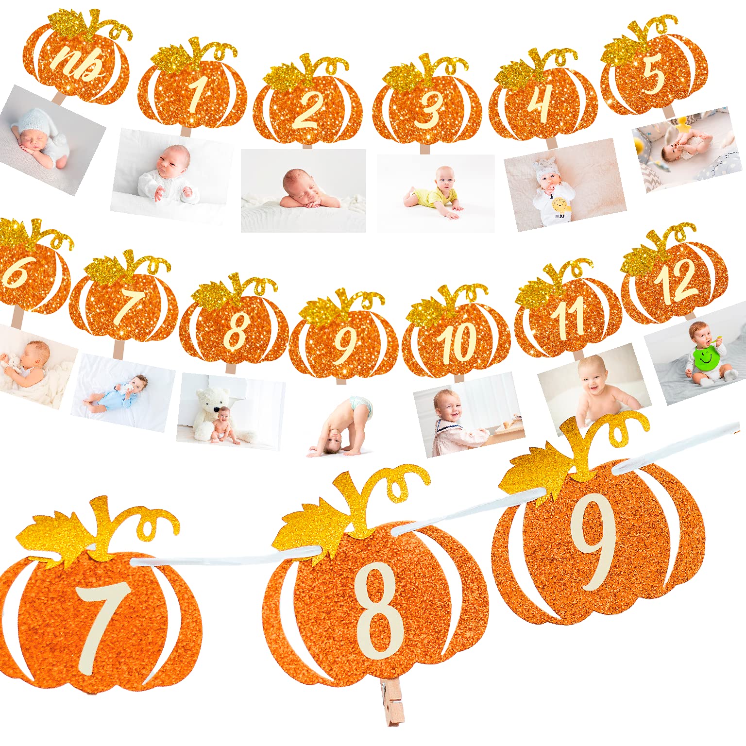 Pumpkin 1st Birthday Photo Banner Orange and Gold Glitter, Pumpkin Patch Baby Monthly New Born Garland 12 month Little Pumpkin First Themed Decorations Baby Thanksgiving Party Milestone Fall Photo