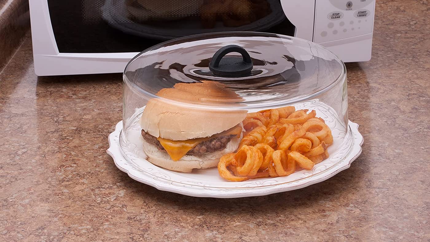Tall Microwave Tempered Borosilicate Glass Plate Cover with Black Easy-Grip Silicone Handle - Unvented to Steam Food -Microwaveable/Oven/Stove Safe - Black Silicone Handle for Safe Easy Grip