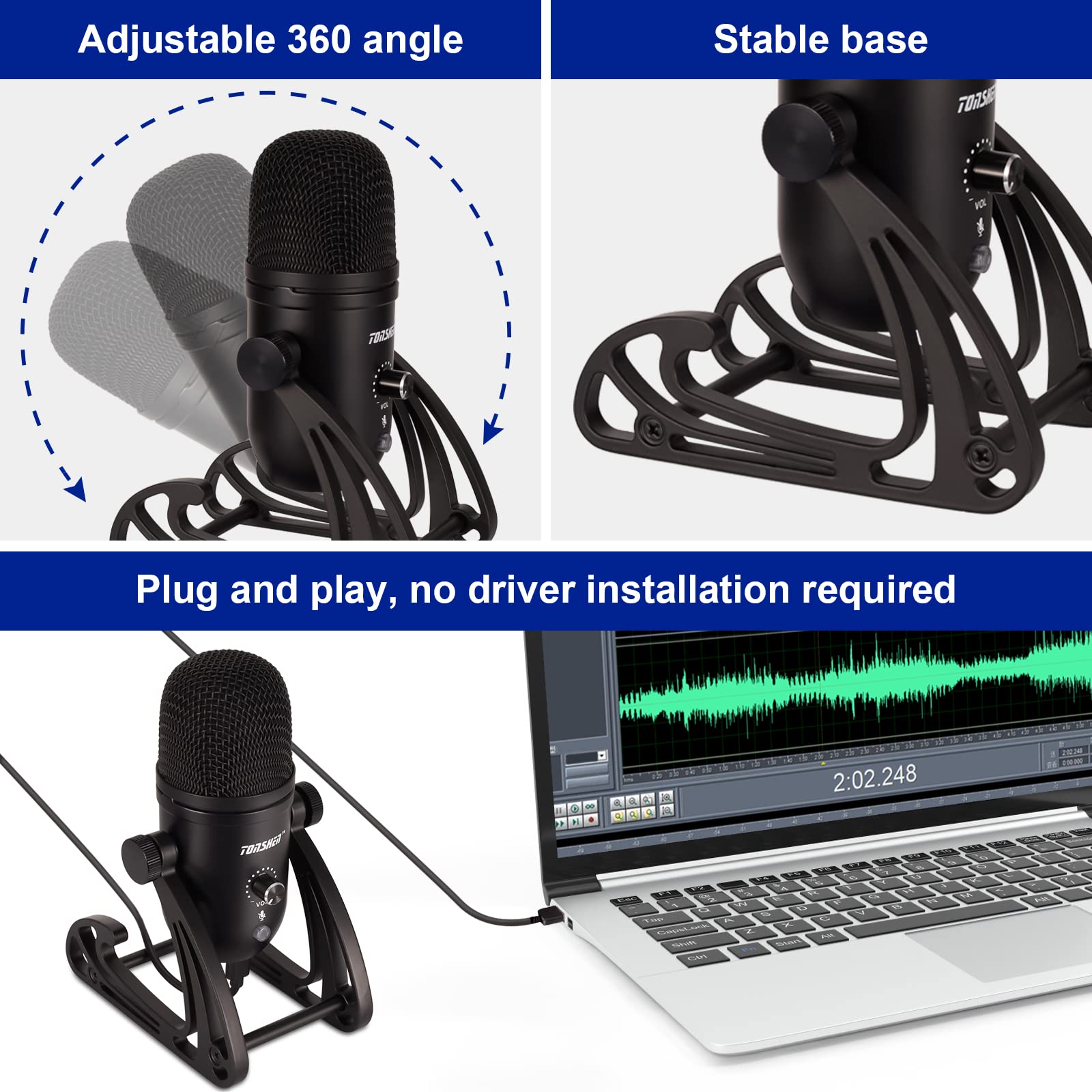 Tonshen USB Podcast Microphone Condenser Microphone for PC and Laptop Podcast Equipment Bundle Gaming Mic Studio Microphone for Singing, Vocal Recording, Streaming Supercardioid Pickup Pattern
