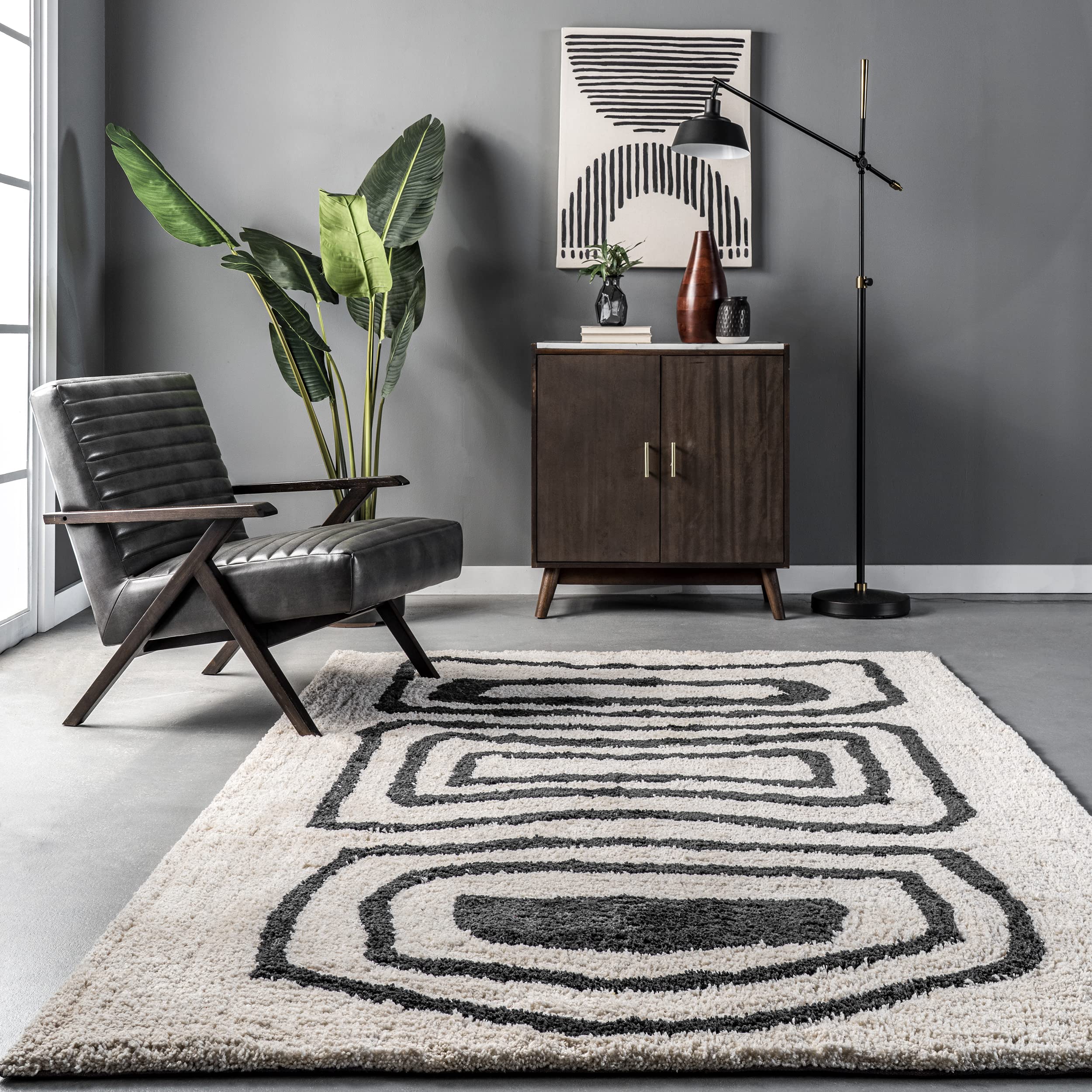 nuLOOM Mica Abstract Circles Shag Area Rug, 8x10, Ivory