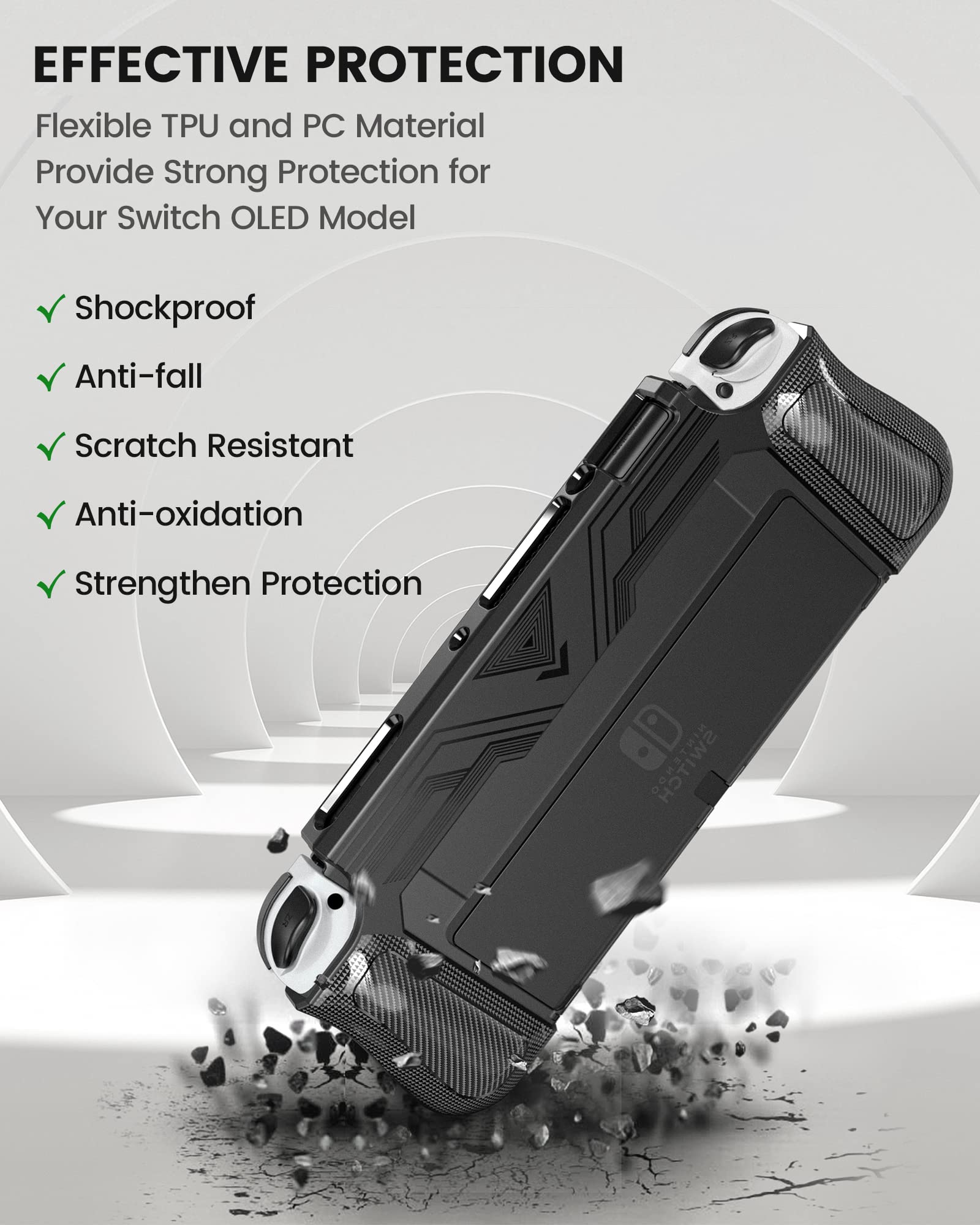 Switch OLED Protective Case, Wiilkac Dockable TPU Case Cover with Screen Protector and 4 Thumb Caps Cover Compatible with Switch OLED Console and Joy Con, Black