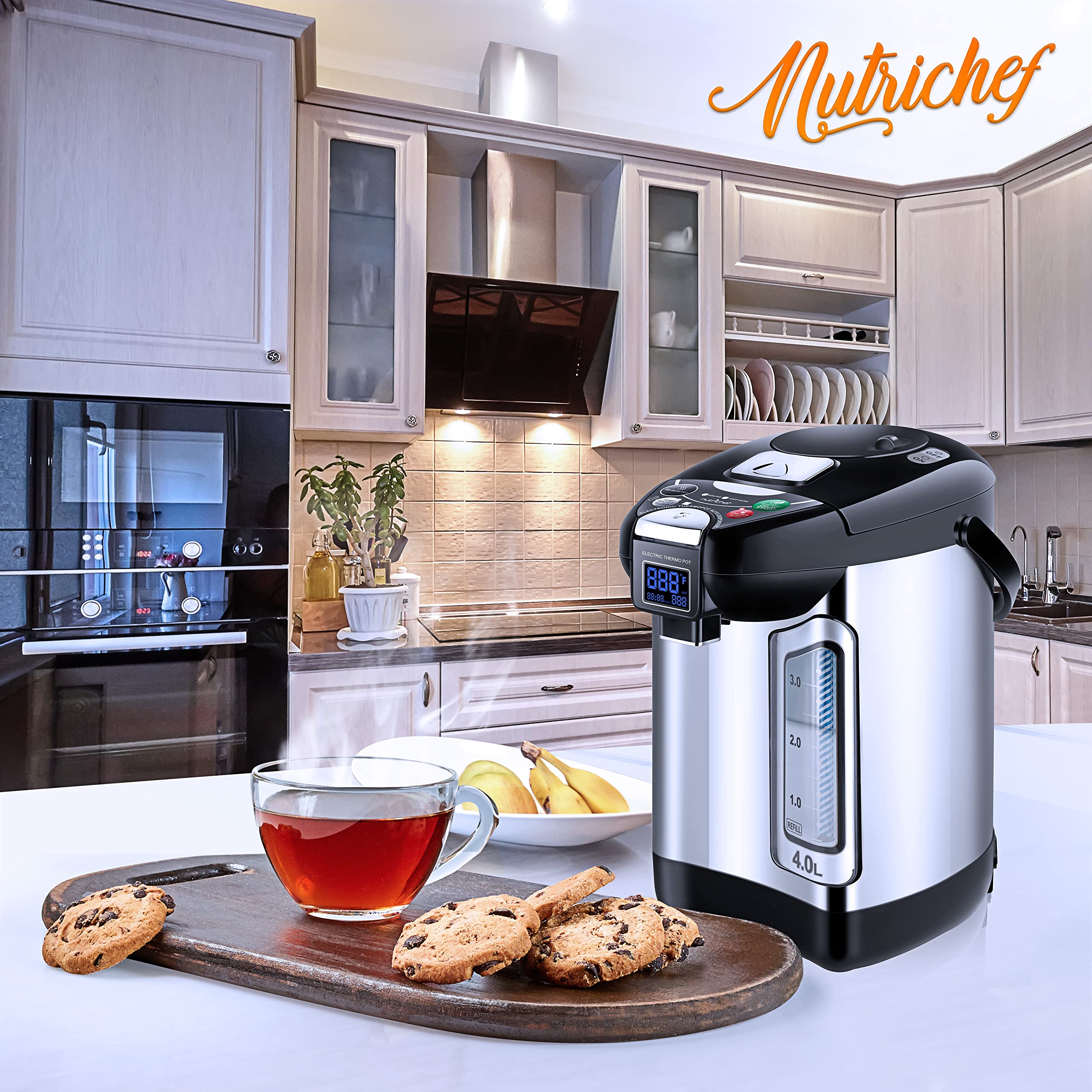 NutriChef Digital Water Boiler and Warmer - 3L/3.17 Qt Stainless Electric Hot Water Dispenser w/ LCD Display, Rotating Base, Keep Warm, Auto Shut Off, Safety Lock, Instant Heating for Coffee & Tea