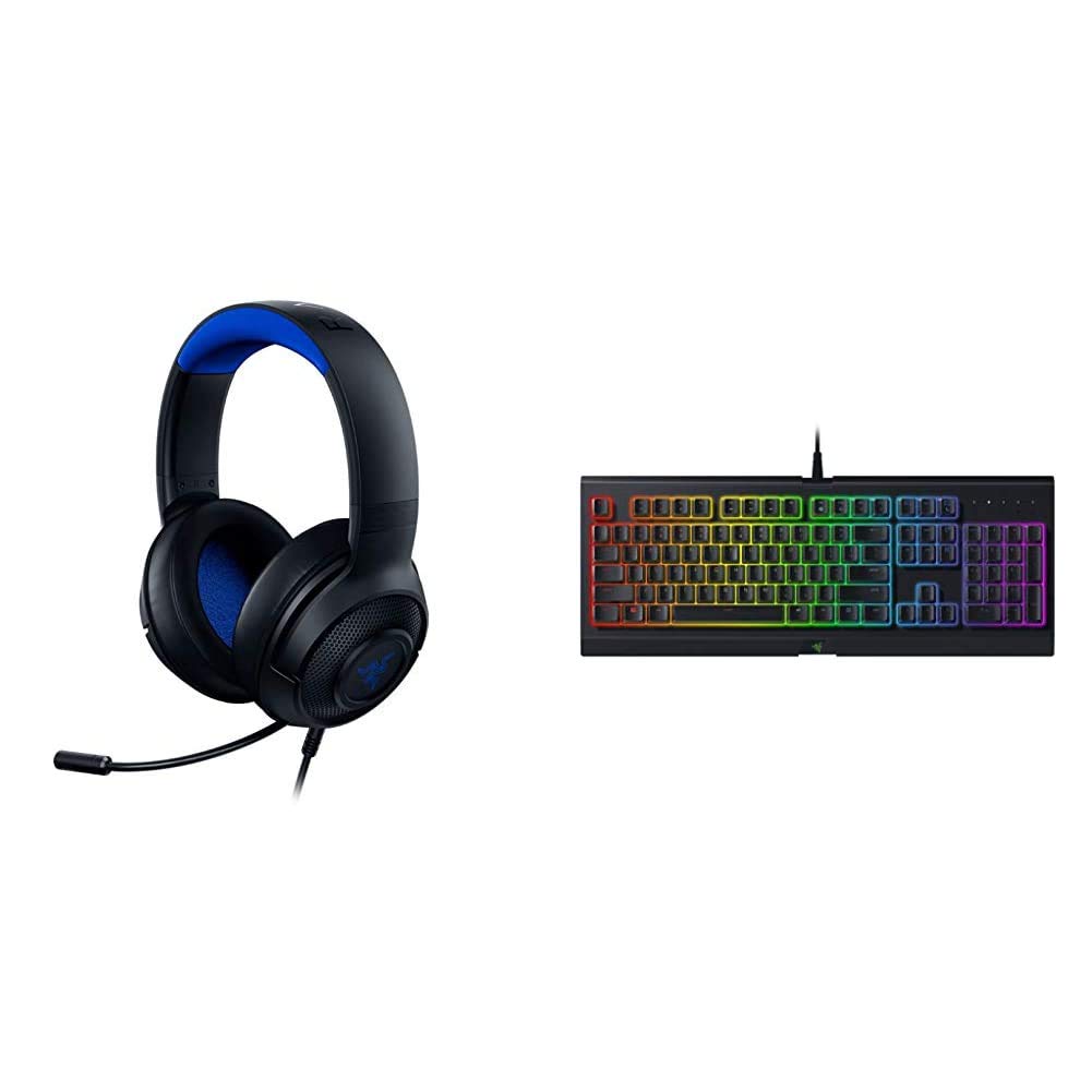Razer Kraken X Ultralight Gaming Headset - Black/Blue & Cynosa Chroma Gaming Keyboard: 168 Individually Backlit RGB Keys - Spill-Resistant Design - Programmable Macro Functionality - Quiet & Cushioned