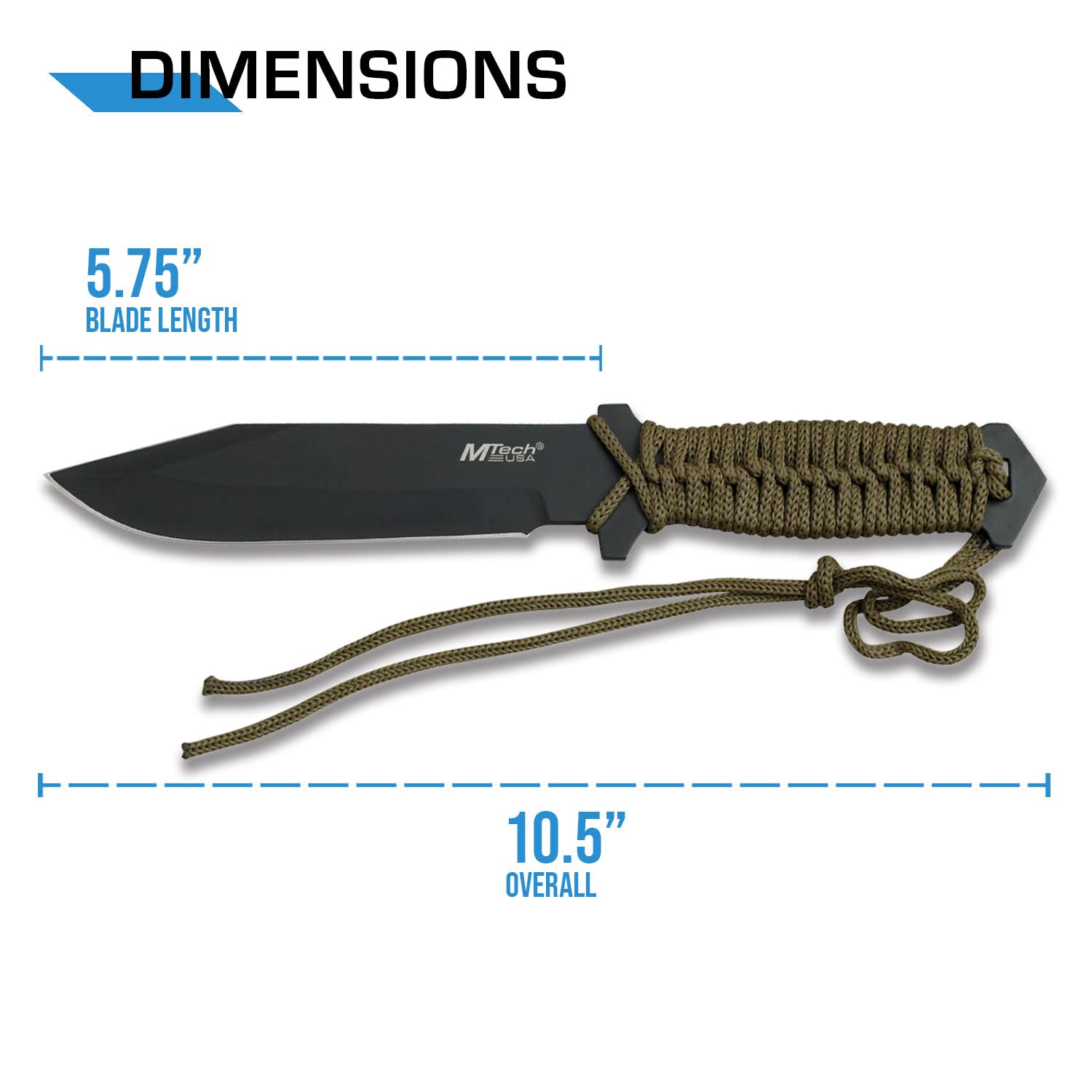 MTech USA – Fixed Blade Knife –Black Stainless Steel Blade, Green Cord Wrapped Handle, Full Tang, Includes Nylon Sheath - Hunting, Camping, Survival, Tactical, EDC – MT-528C, Small