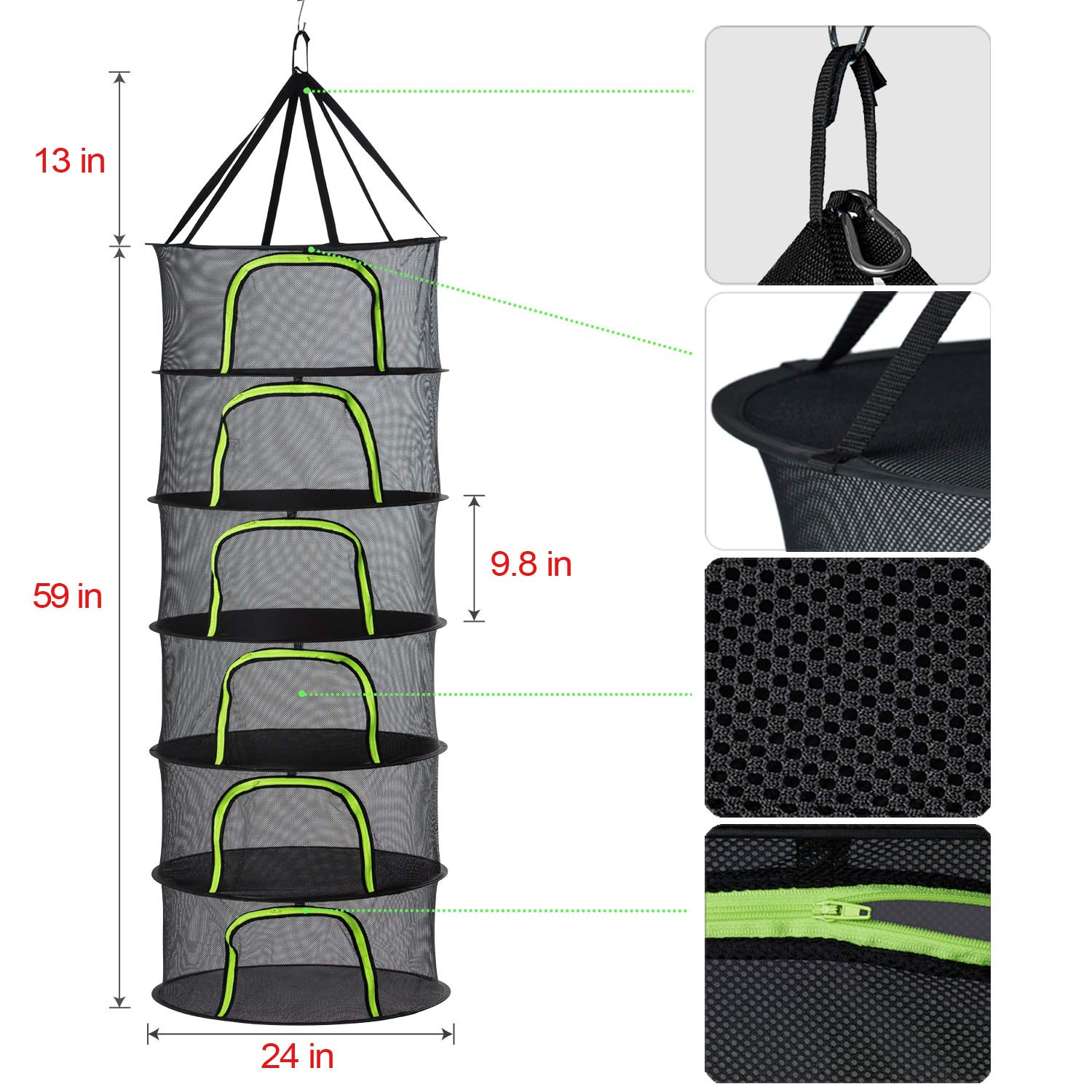 PROTITOUS 6 Tier Black Mesh Zippered Herb Drying Rack Hanging Dryer Dry Net with Pruning Shear for Hydroponics