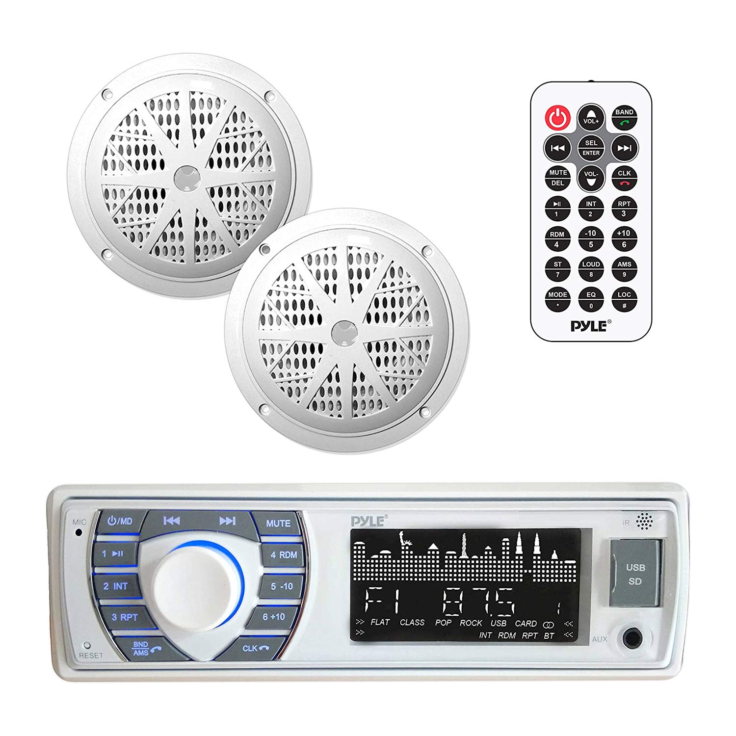Pyle PLMRKT36WT 5.25 Inch Waterproof Bluetooth Marine Stereo Receiver and Speaker Kit with Hands Free Calling and Wireless Streaming, AM/FM Radio, MP3/USB/SD Input, White (2 Pack)