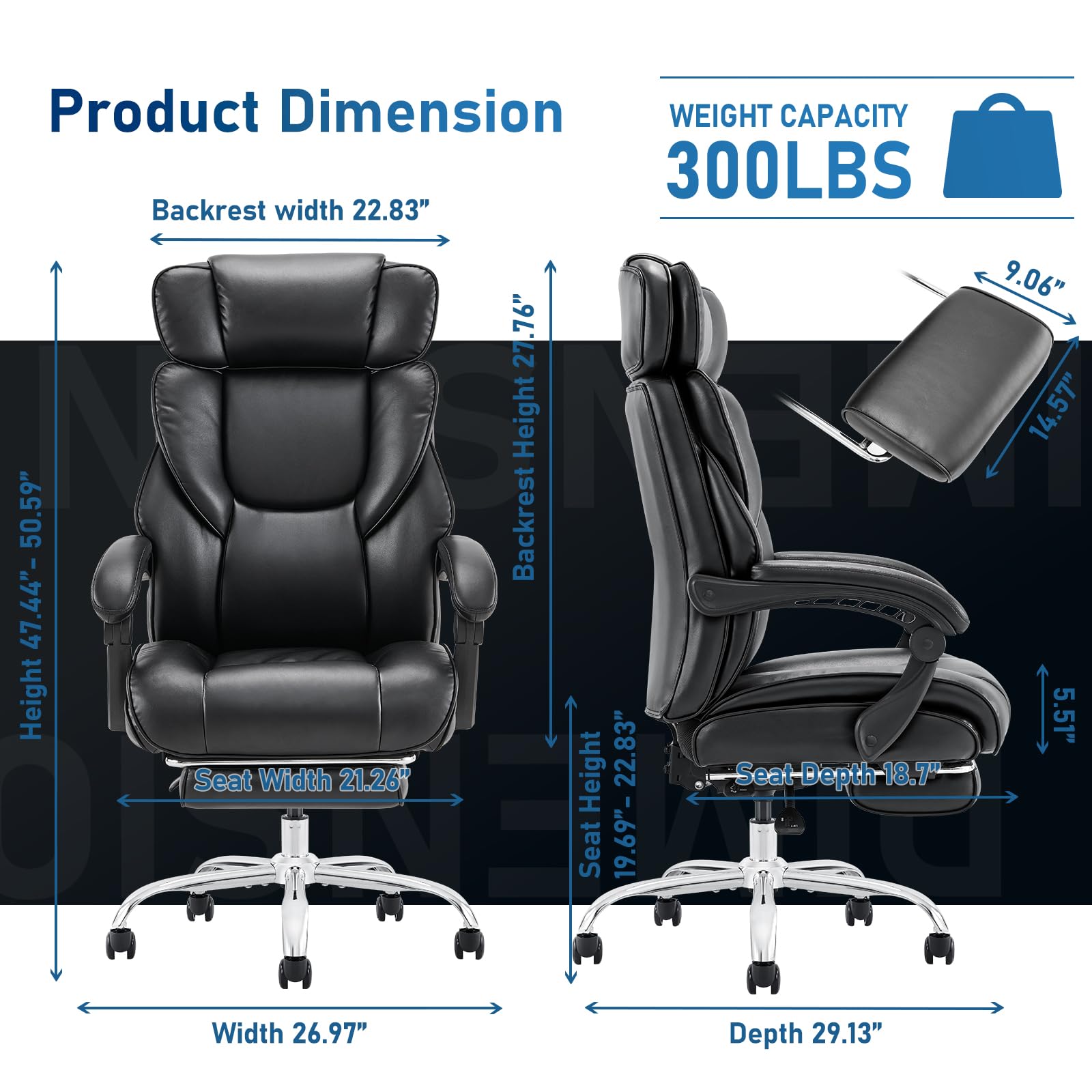 Office Chair with Footrest-Ergonomic Computer Chair with Extra Lumbar Support Pillow, High Back Executive Desk Chair Thick Bonded Leather, Large Home Office Work Chair with Wide Seat for Comfort-Black