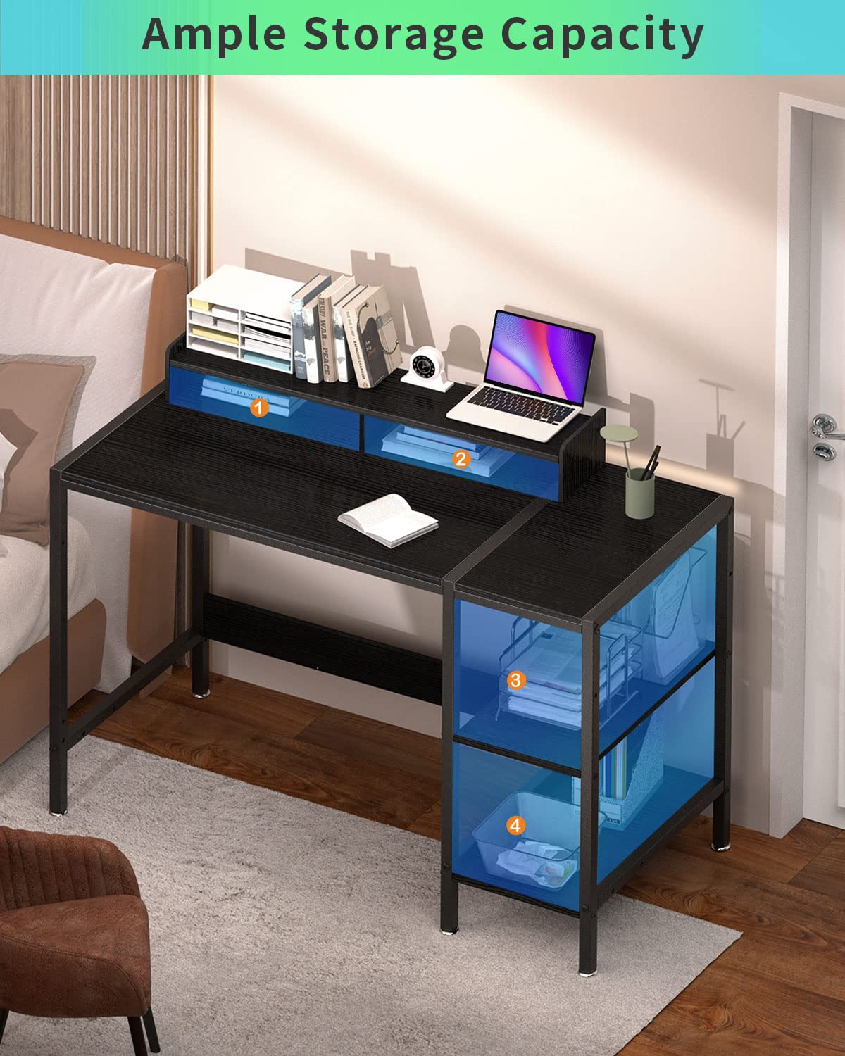 MINOSYS Computer Desk - 47” Gaming Desk, Home Office Desk with Storage, Small Desk with Monitor Stand, Storage Space-Savor, Modern Table, Black.
