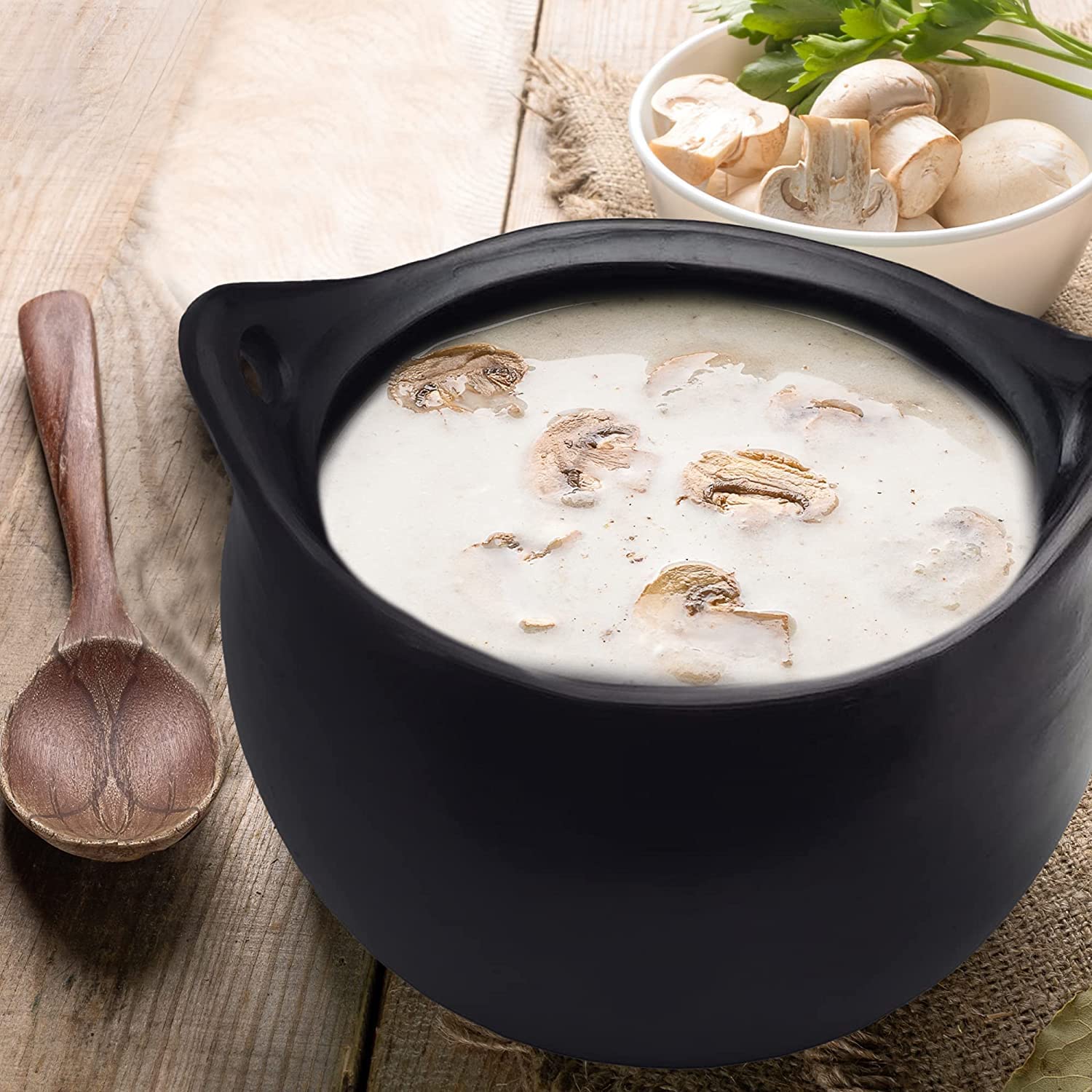 Toque Blanche Clay Pot Essentials - Versatile Clay Cooking Pots, Handmade Earthenware Cookware - Perfect for Cooking Soups, Stews, and More | Black - 6-Quart Large Pot with Handle & Lid