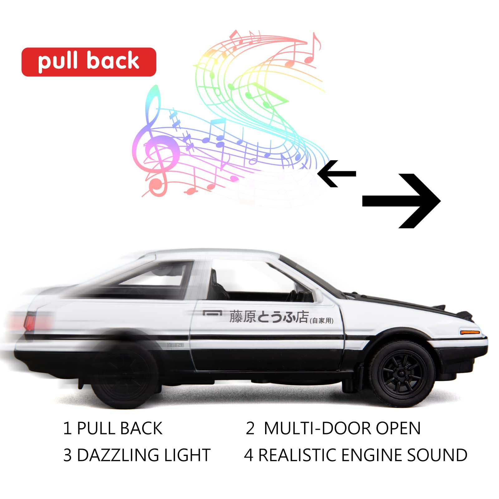 WAKAKAC Initial D AE86 Diecast Car Model Alloy Collectible Pull Back Toy Car with Light and Sound Toy Vehicle Door Can Be Opened(White&Black)