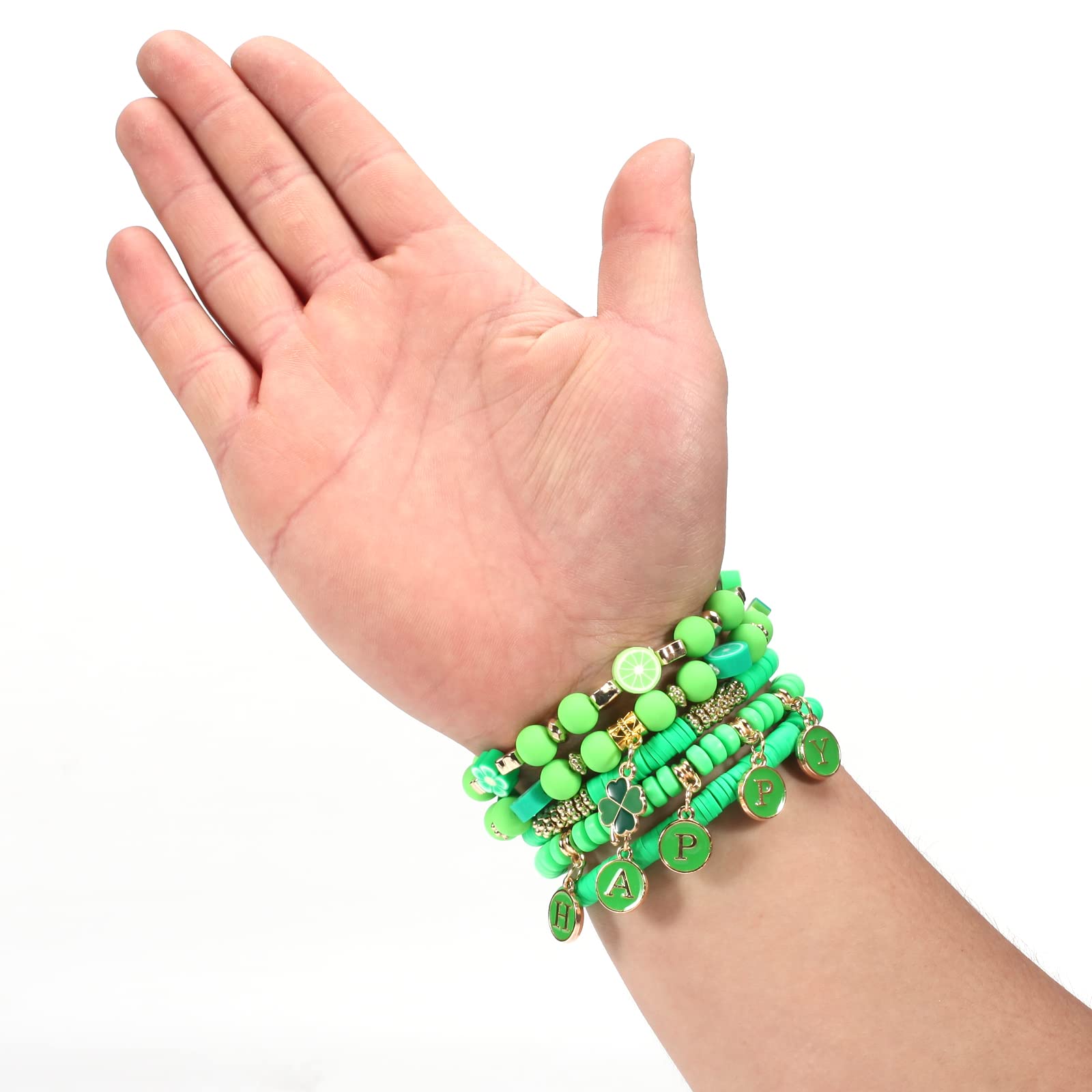 Twinfree St. Patrick's Day Bracelets for Women Stretch Stackable Green beads Bracelet with Shamrock HAPPY Letters