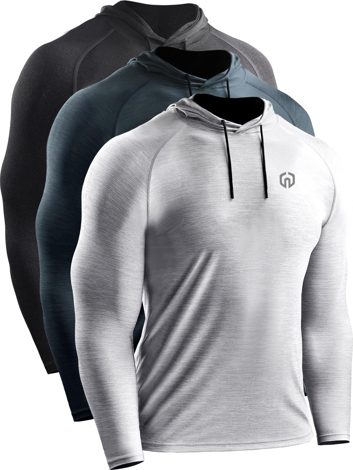 NELEUS Men's 3 Pack Dry Fit Running Shirt Long Sleeve Workout Athletic Shirts with Hoods,5071 Dark Grey,Light Grey,Slate Grey,US L,EU XL