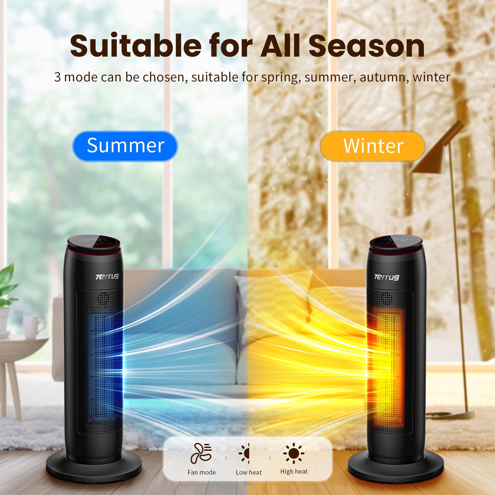 Terrug Space Heaters for Indoor Use, 22” 1500W Fast Heating Ceramic Heater for Large Room Office, Electric Space Heater with ECO Thermostat, Remote, 70° Oscillating, Tip-Over Protection, 24H Timer