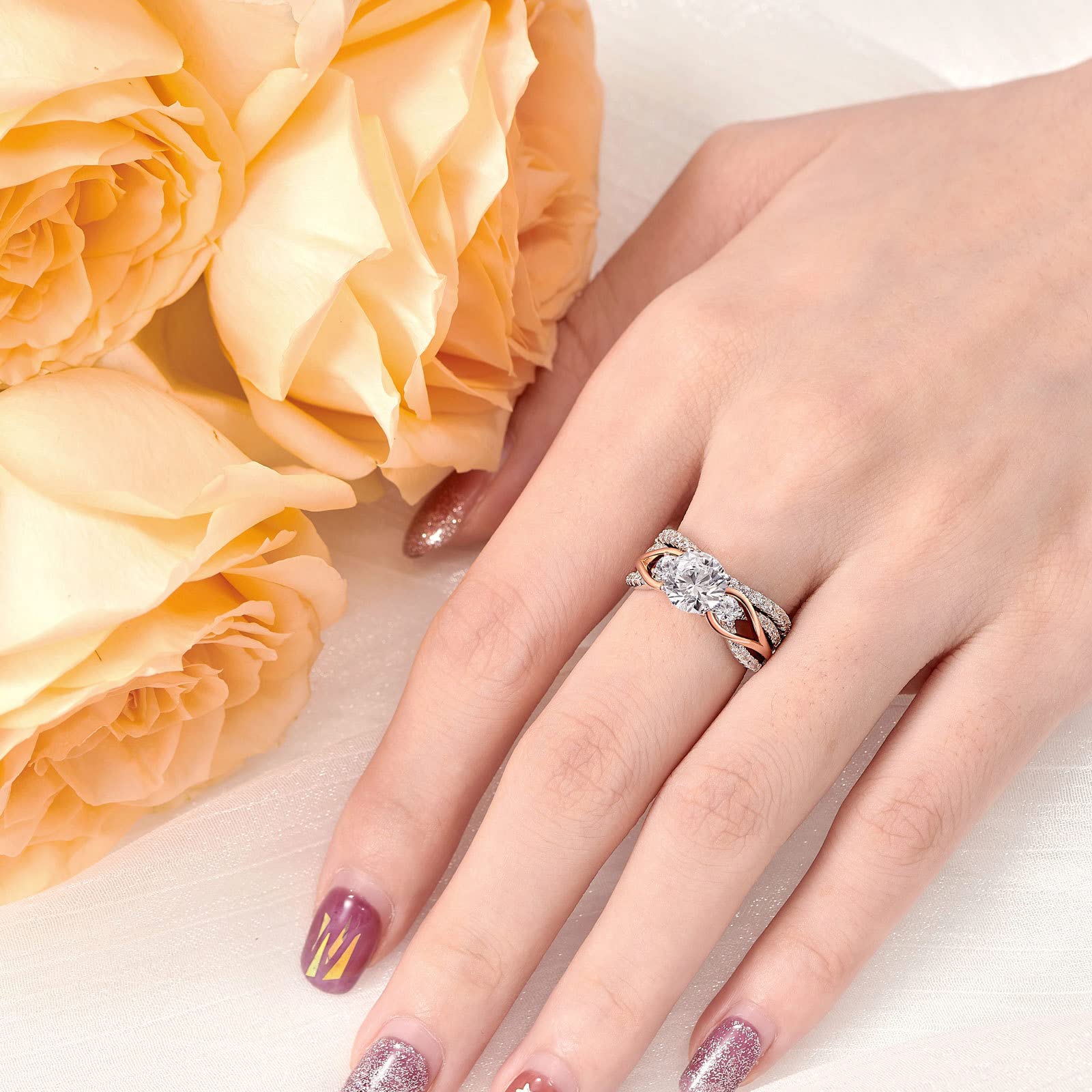 SHELOVES Rose Gold Three Stone Round Cut CZ Engagement Wedding Rings Set 925 Sterling Silver Sz 7