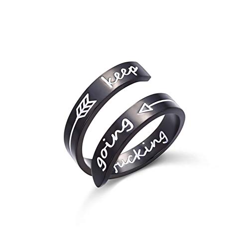 QEPOL Personality Adjustable Size Never Give up Bands Cool Stacking Silver Keep Going Ring Inspirational Jewelry Stainless Steel Engraving Encouragement for Women Men (Black)