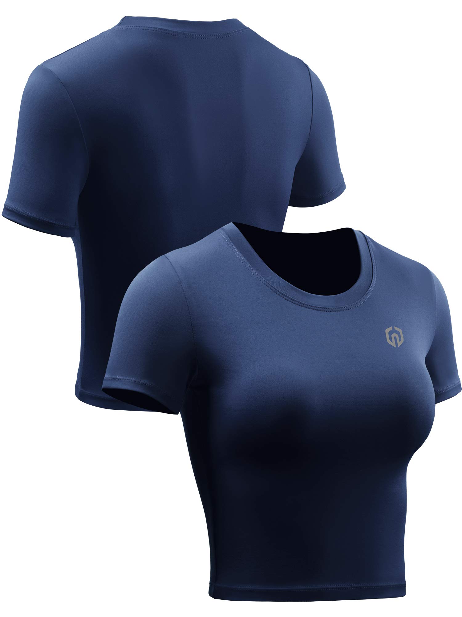NELEUS Women's Running Crop Shirts Short Sleeve Workout Athletic Shirts,8079,Black/Grey/Navy Blue,3 Pack,L