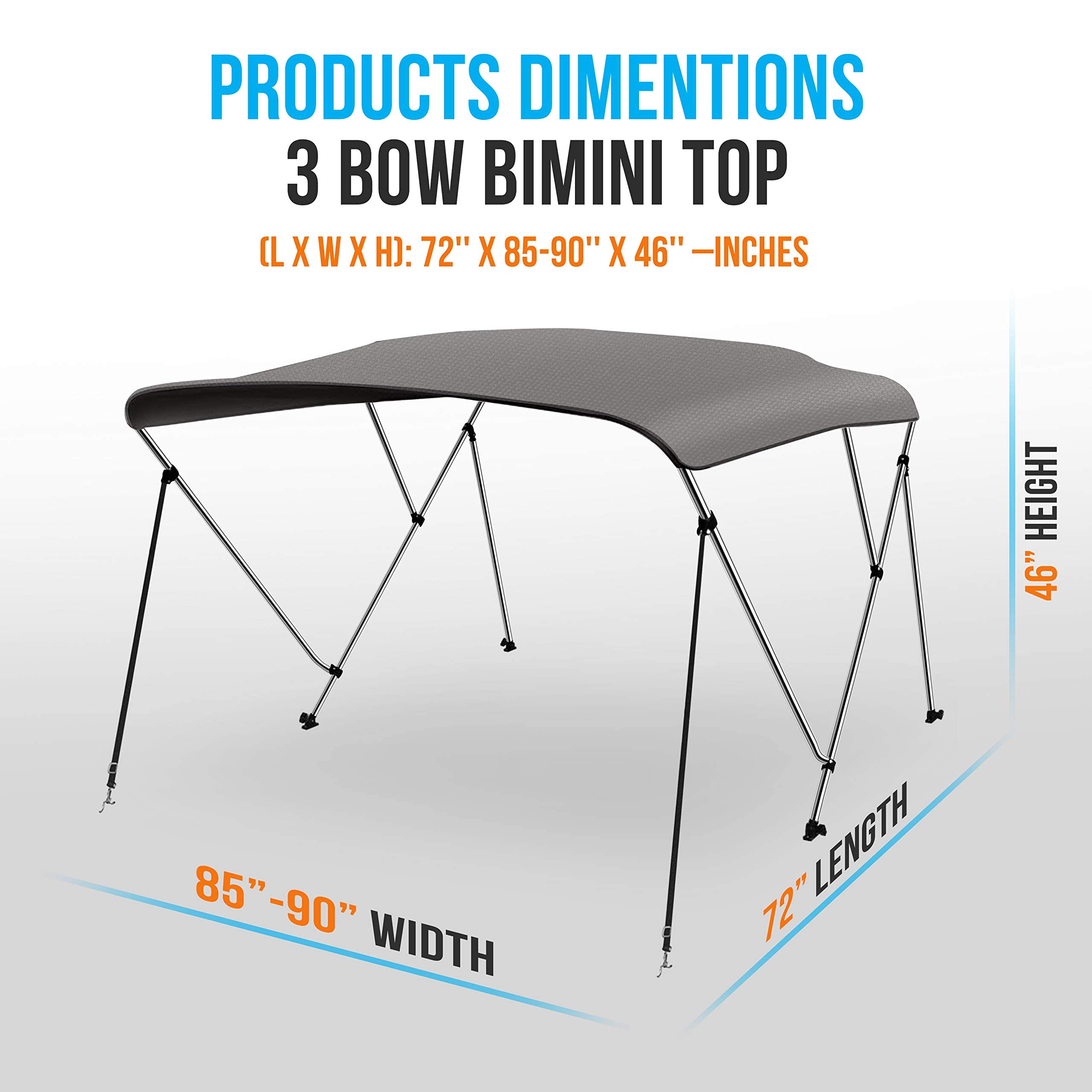 SereneLife Waterproof Boat Bimini Top Cover - 73-78" W 3 Bow Bimini Top Sun Shade Boat Canopy - 1" Double Wall Aluminum Frame Tubes, 2 Front Straps, 2 Rear Support Poles, Storage Boot SLBTW78G